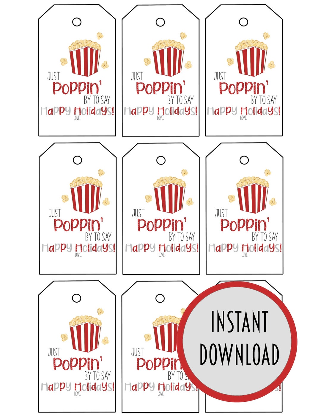Popcorn Holiday Gift Tags, 9 Gift Tags, Popcorn Tags, Printable Gift ...