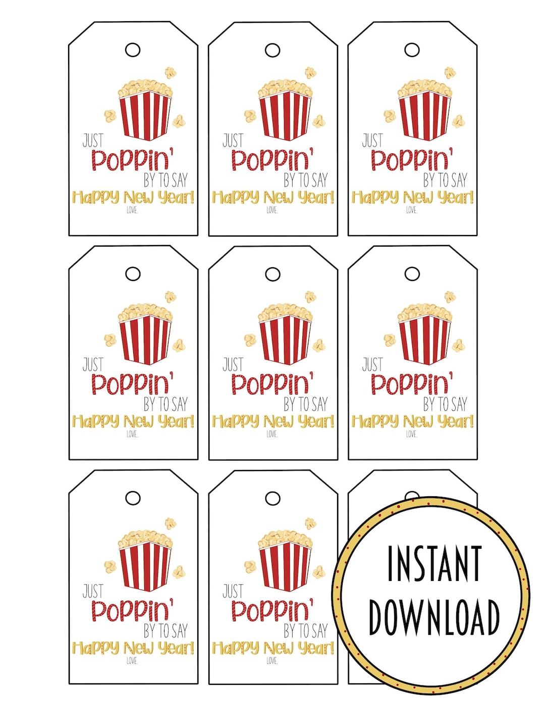 Popcorn New Years Gift Tags, 9 Gift Tags, Popcorn Tags, Printable Gift ...