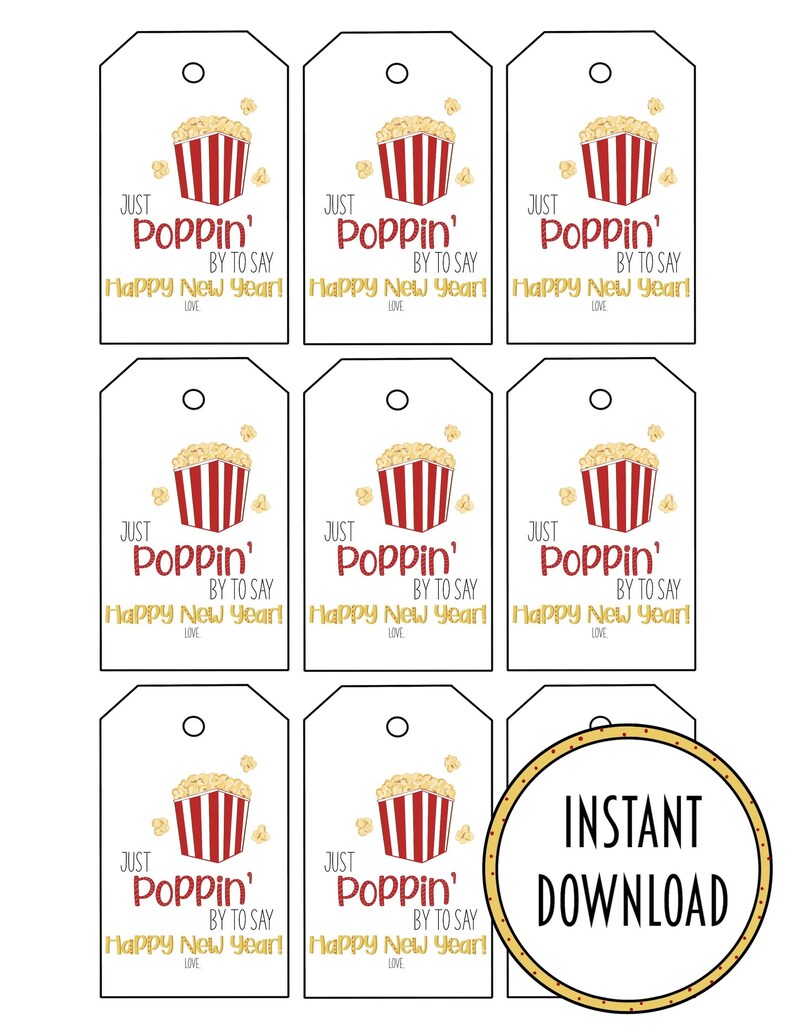 Popcorn New Years Gift Tags, 9 Gift Tags, Popcorn Tags, Printable Gift ...