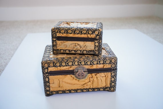 Antique Chinese Wood Boxes Hand Carved Set of 2, vint… - Gem