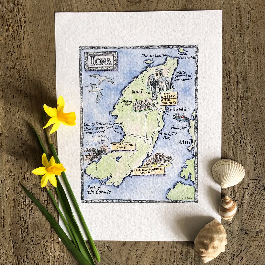 Illustrated Map of Iona-iona Souvenir Map-watercolour Scottish Island Map-hand Painted Map Gift ...