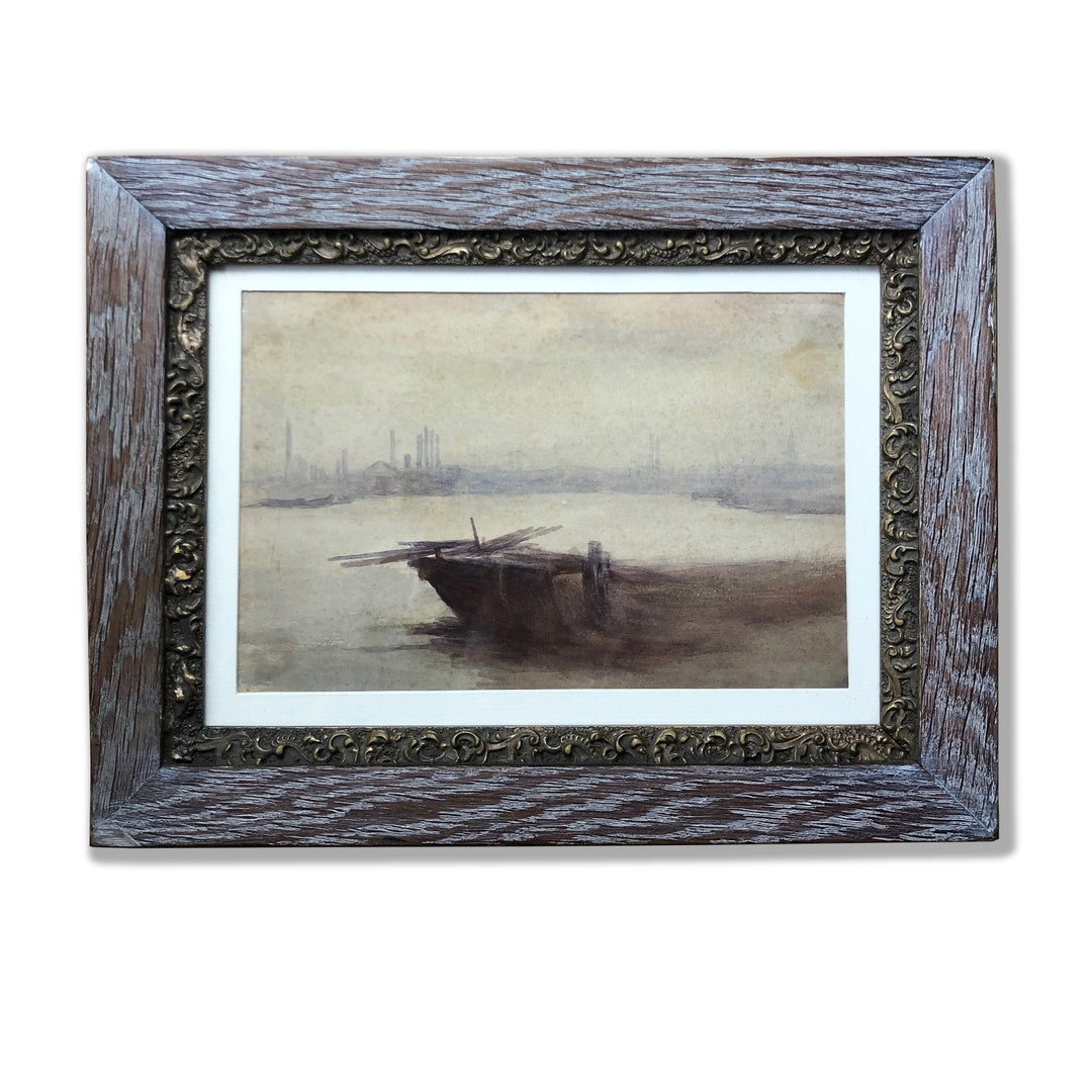 Antique Victorian Painting London Landscape Thames Docks & Boat-framed ...