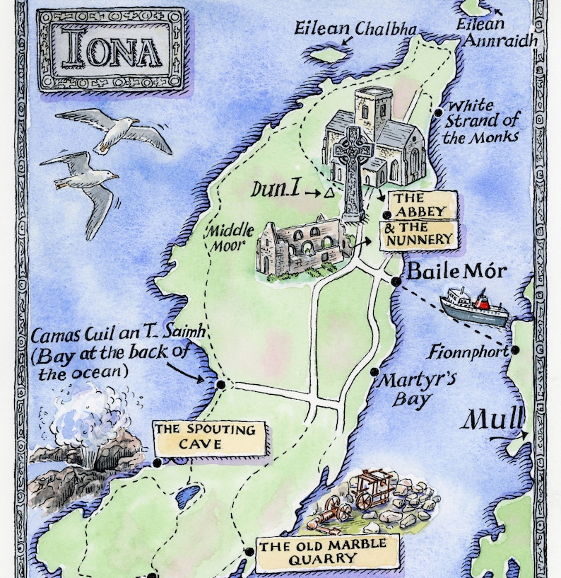 Illustrated Map of Iona-iona Souvenir Map-watercolour Scottish Island ...