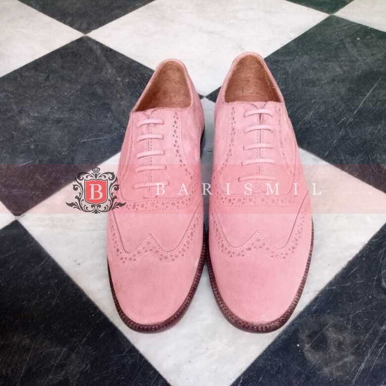 Handmade Pink Suede Wingtip Brogue Shoes: Custom Men's Leather Oxfords ...
