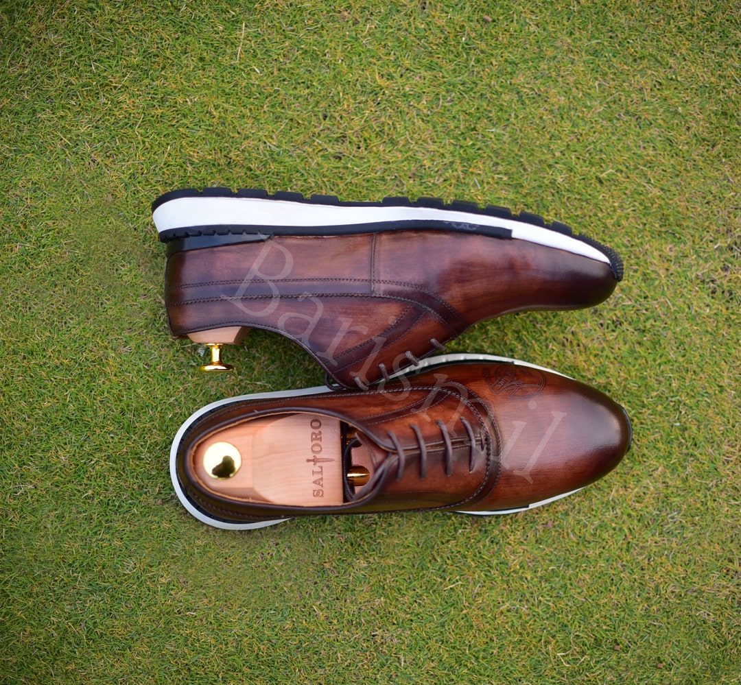 Men Casual Oxford Leather Tie Sneakers Leather Sneakers Patina Finish ...