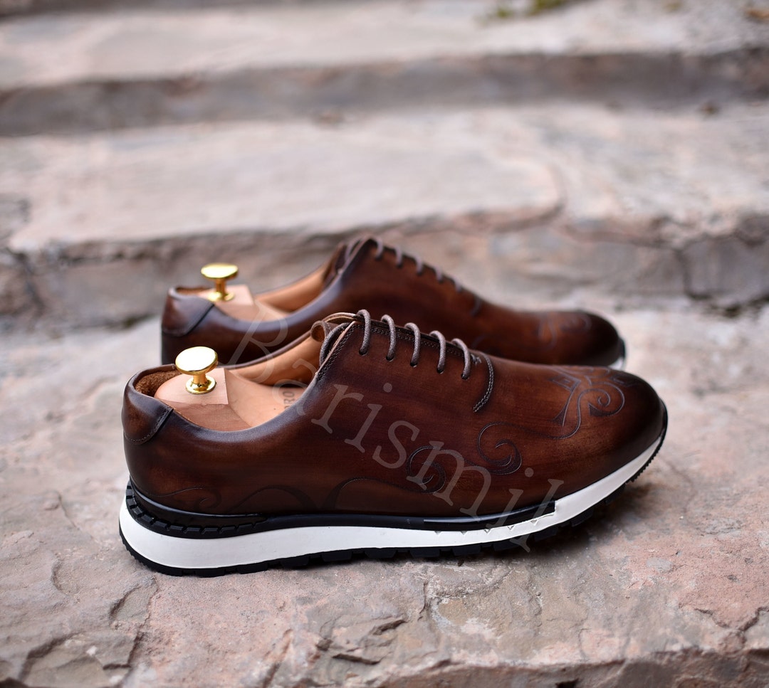 Handcrafted Brown Leather Sneakers | Men Comfortable Shoes | Formal ...