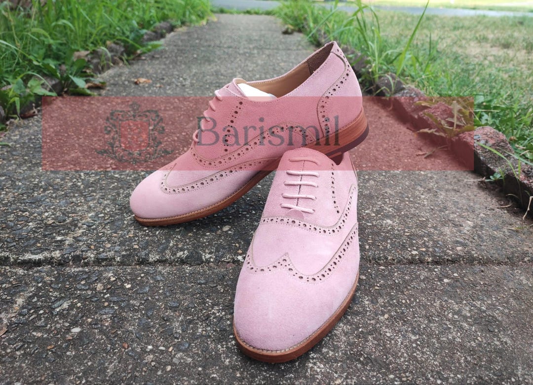 Men Handcrafted Pink Suede Leather Wingtip Brogue Shoes - Oxford Dress ...