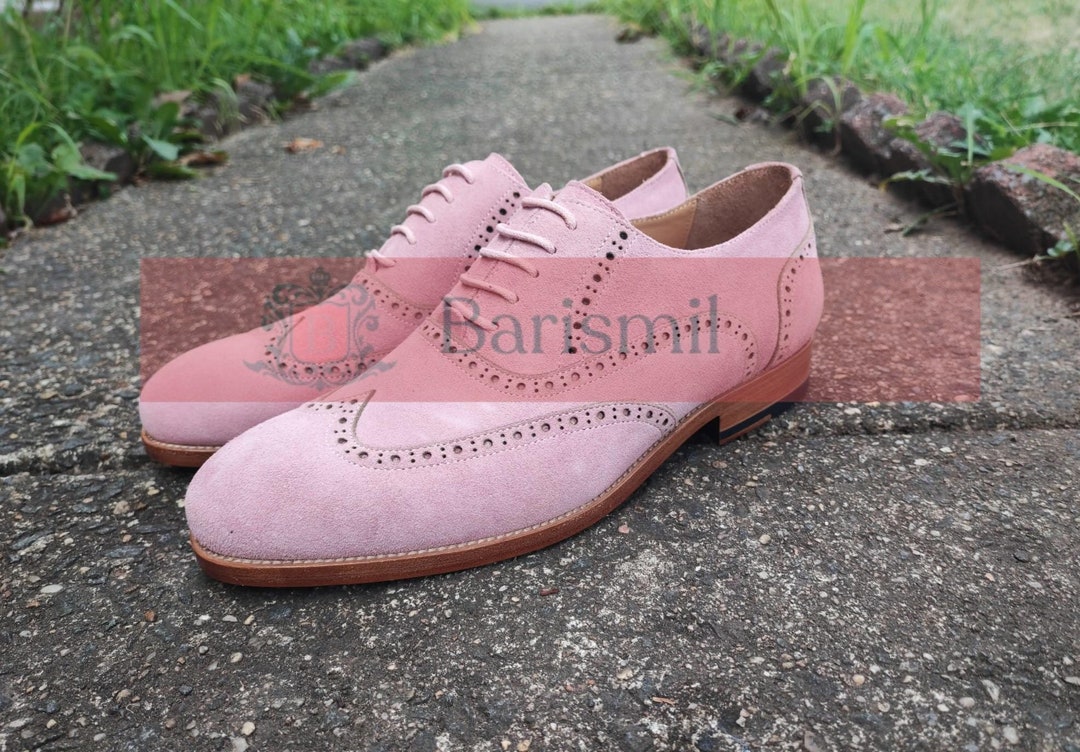 Men Pink Brogue Shoes | Handmade Pink Suede Leather Wingtip Shoes ...