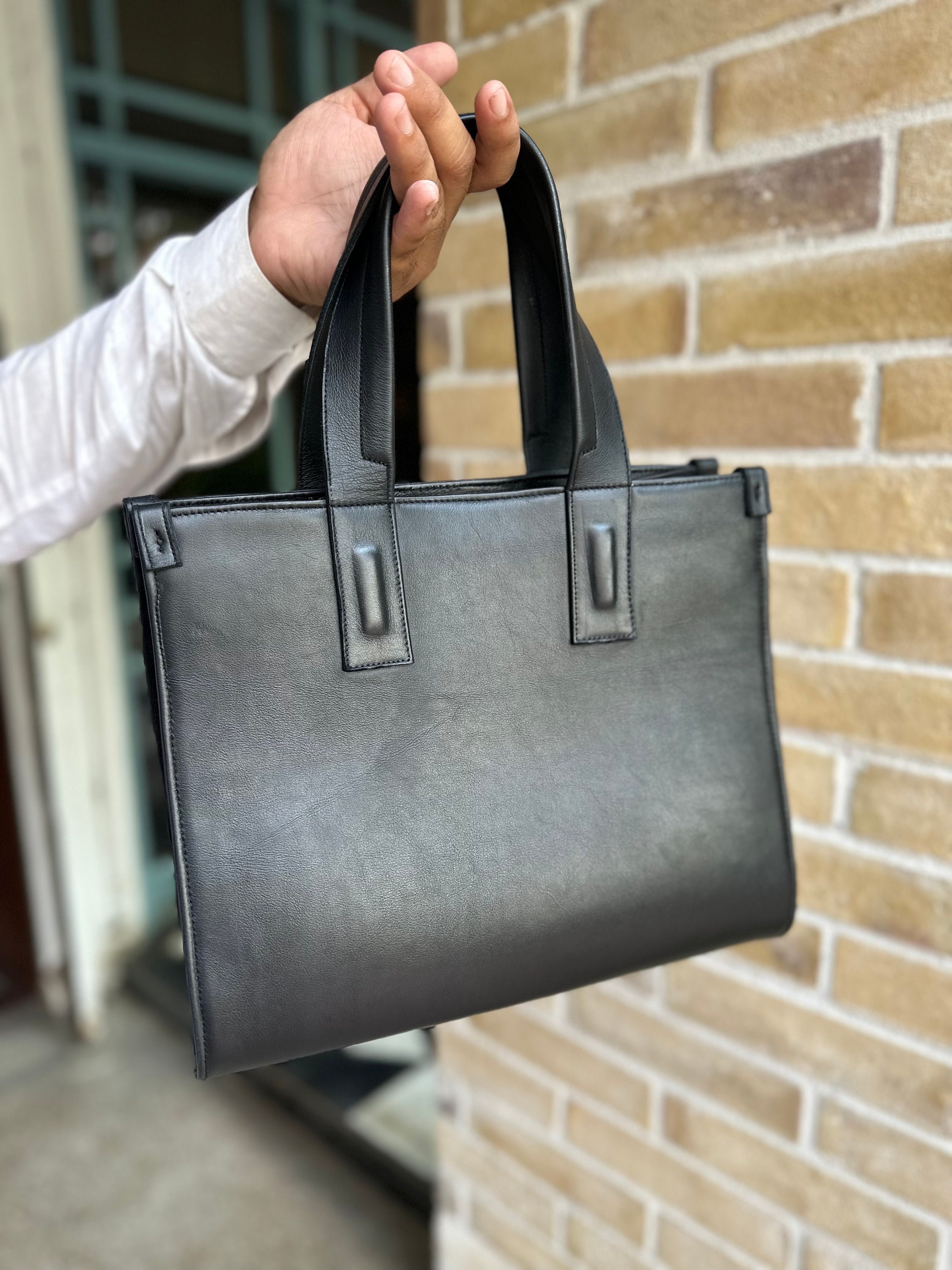 Handmade Black Leather Men Tote Bag: Daily Carry All Office Bag. - Etsy