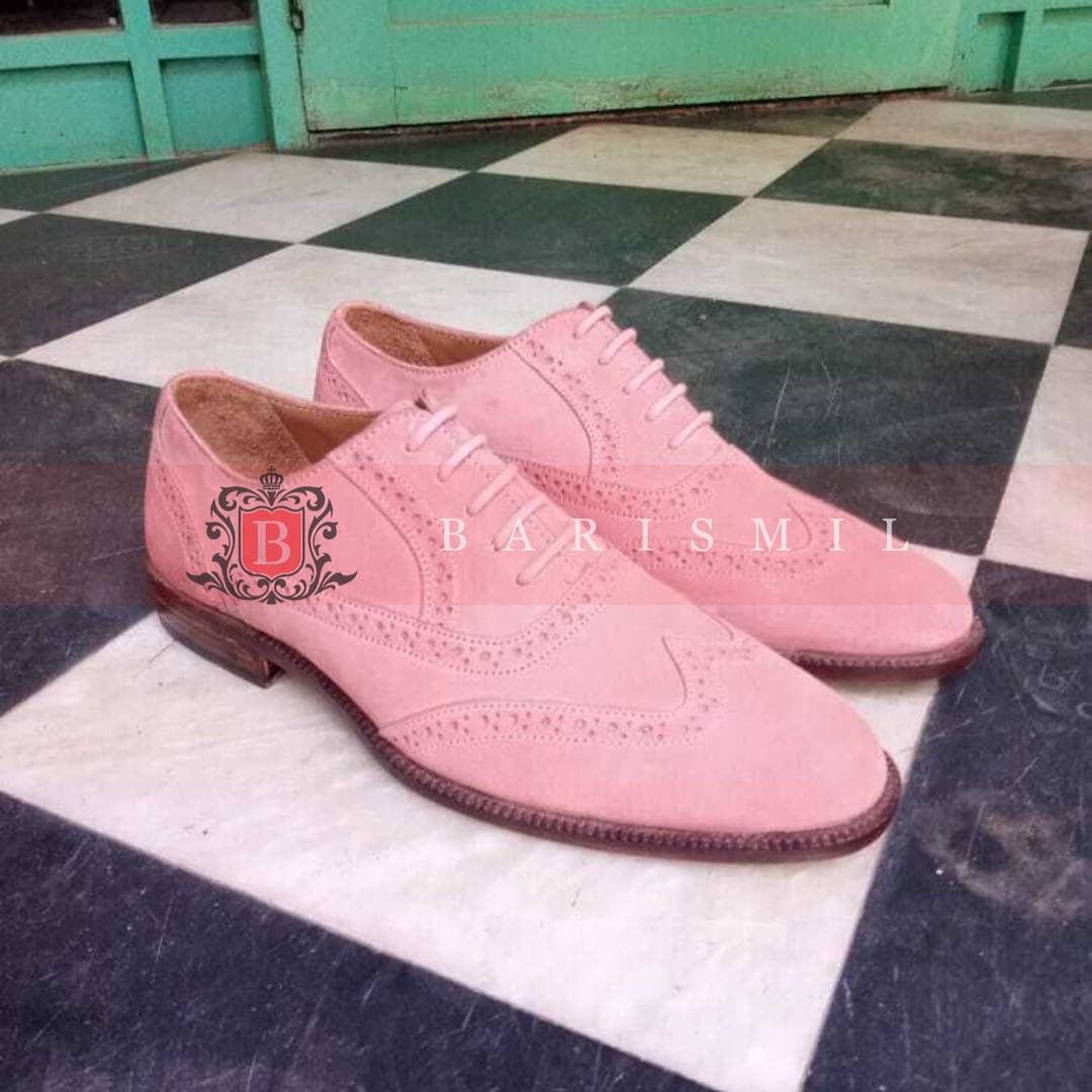Handmade Pink Suede Wingtip Brogue Shoes: Custom Men's Leather Oxfords ...