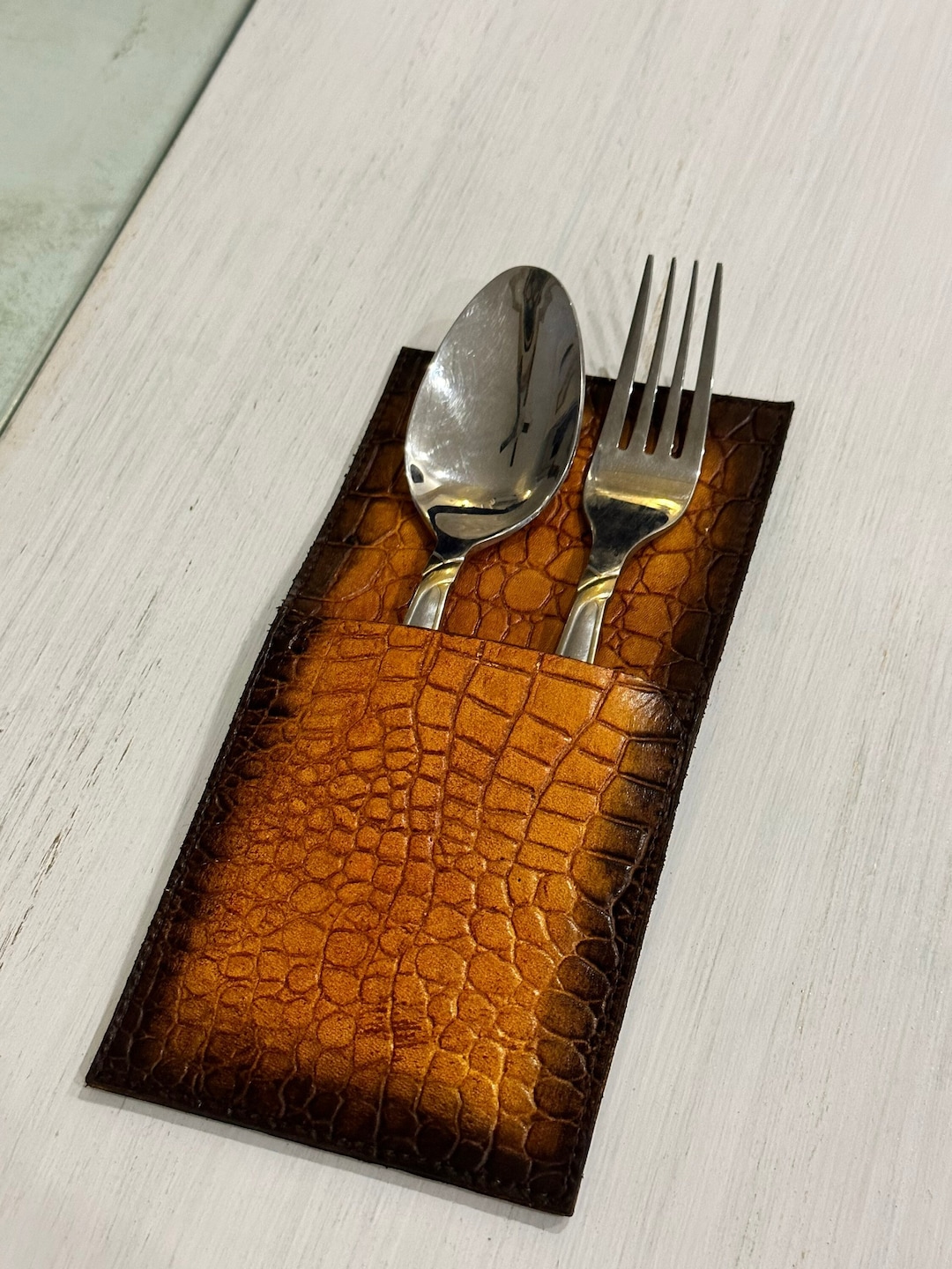 Handmade Croc Imprint Leather Cutlery Pouch: Spoon & Fork Holder - Etsy