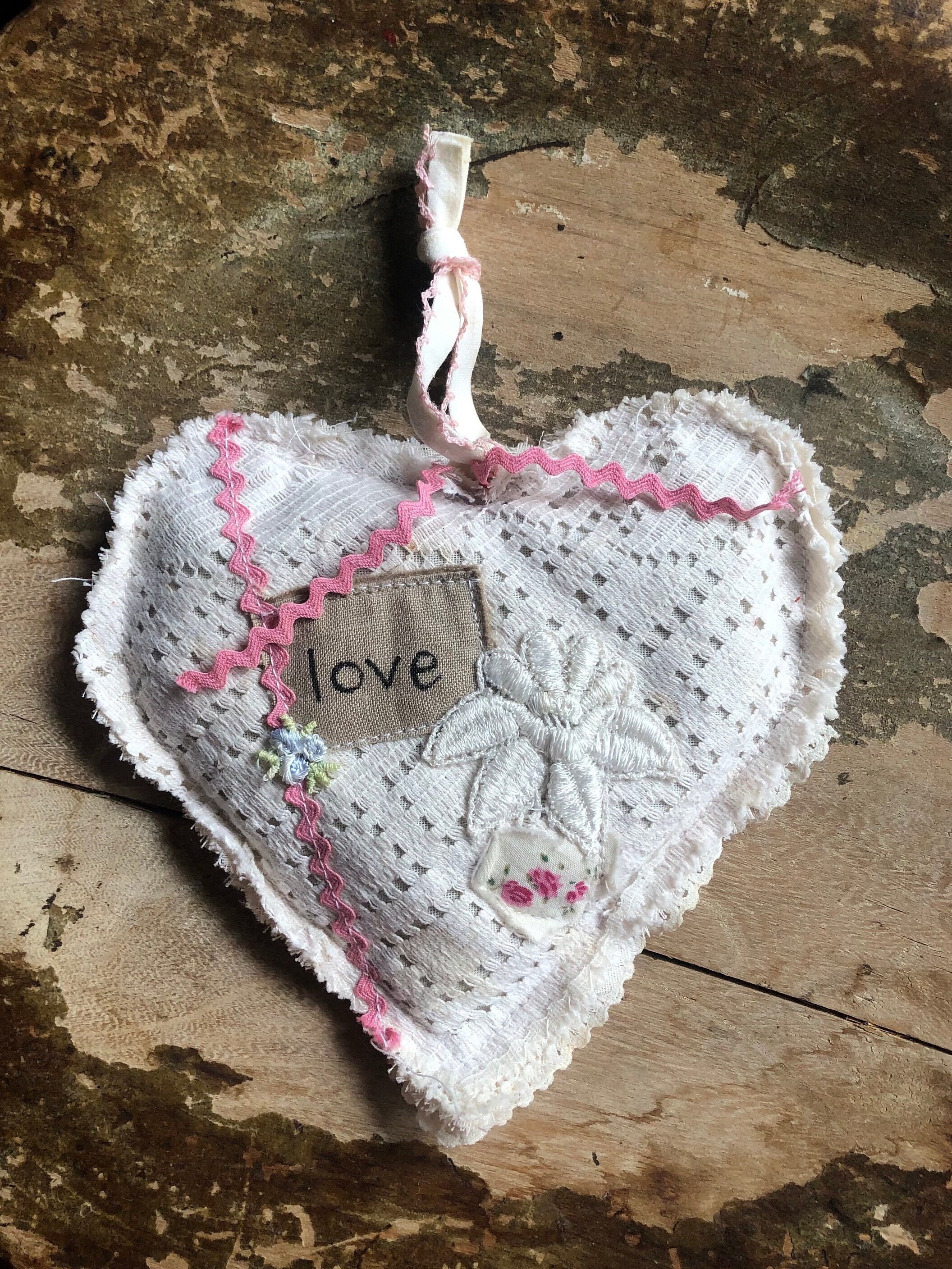 Love : Hanging Lace Fabric Small Heart Pillow Ornament - Etsy