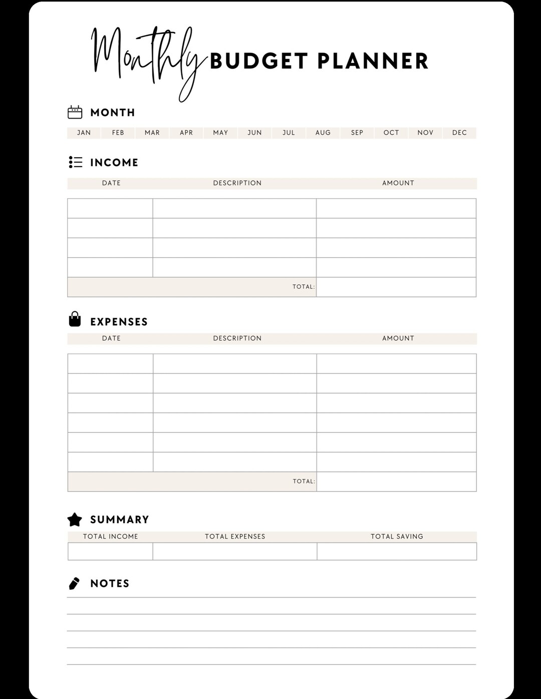 Basic Monthly Planner Sheet - Etsy