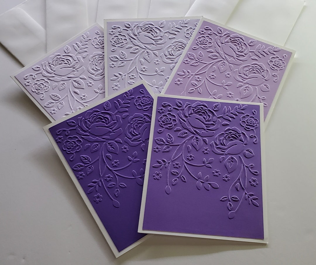 Set of 5 Rose Flowers Embossed Cards in Shades of Purple,thank You Note ...