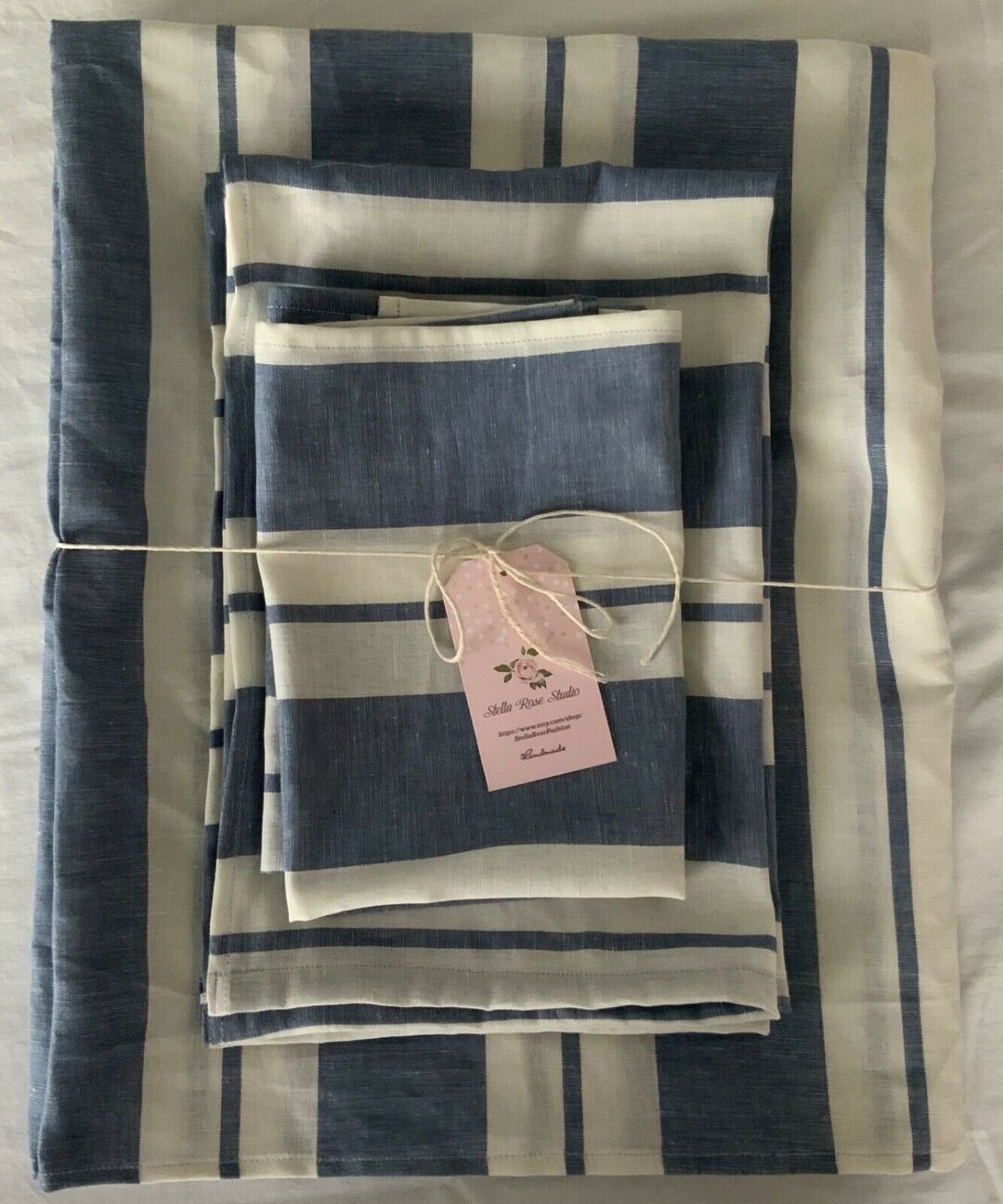 NEW Cotton & Linen Blend HANDMADE Bath Towels SET of 6 Cottage Stripe ...