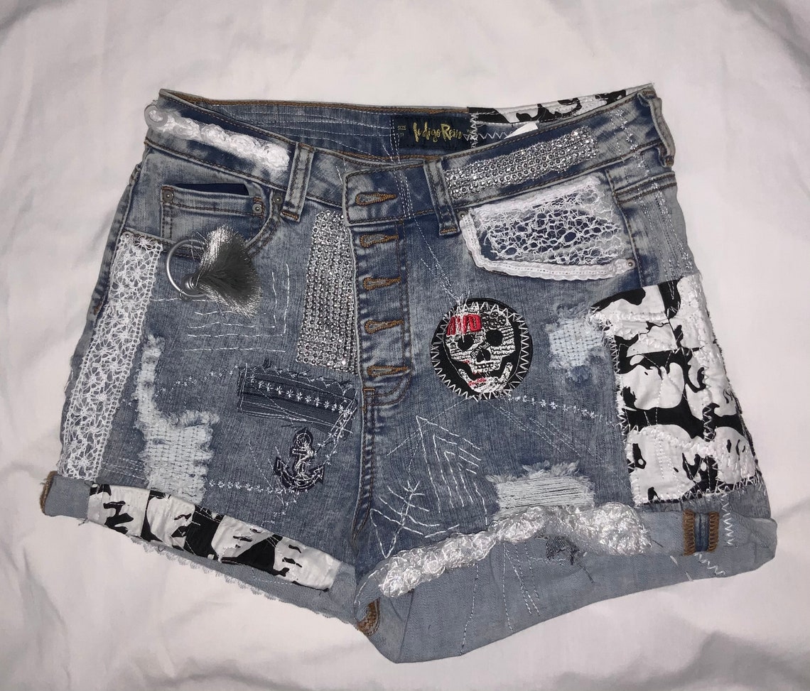 NEW Handmade Upcycled & Reworked Distressed DENIM Boho High Rise Shorts ...
