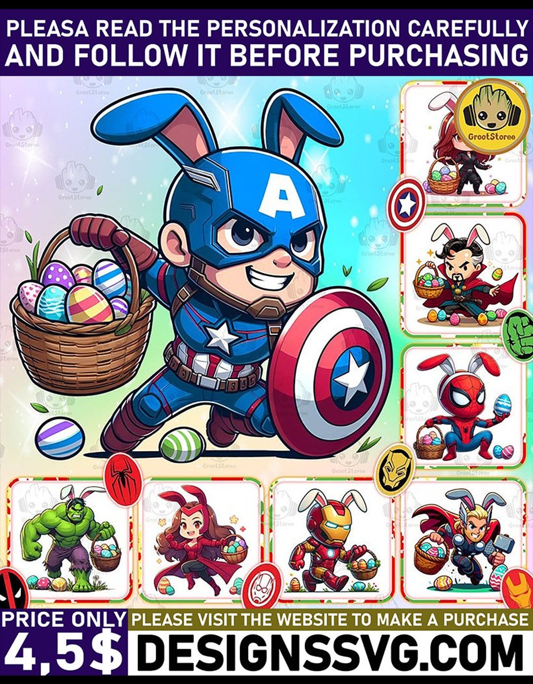 8 Chibi Superhero Easter Cartoon Png Bundle, Cartoon Easter Png, Happy ...