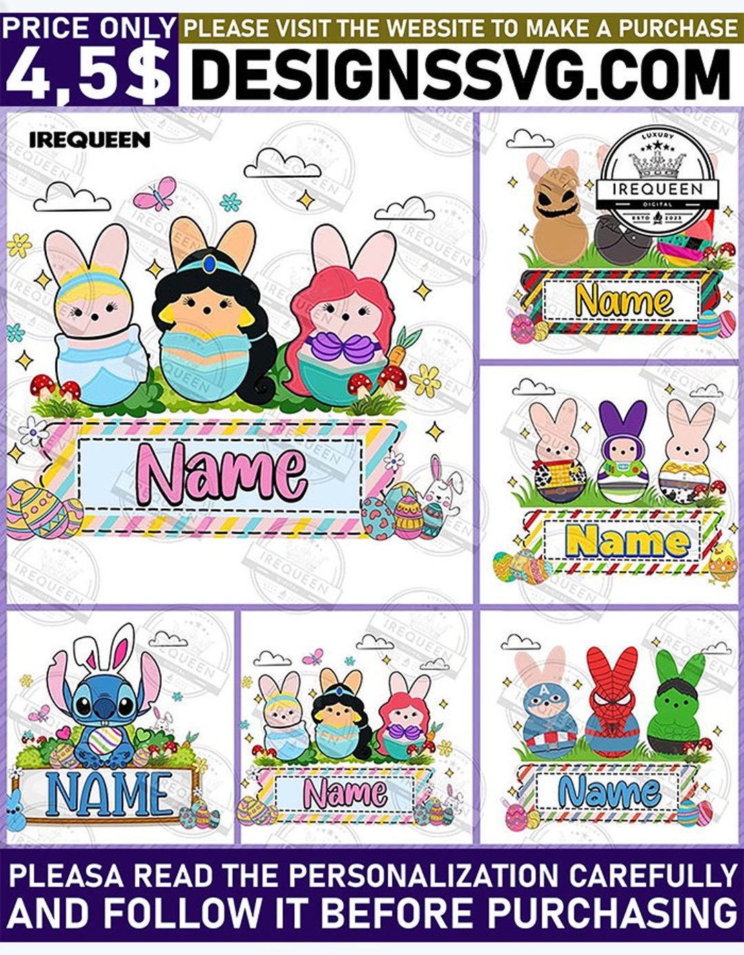 5 CUSTOM Cartoon Easter Bunny Png Bundle, Kids Name Peeps Easter Day ...