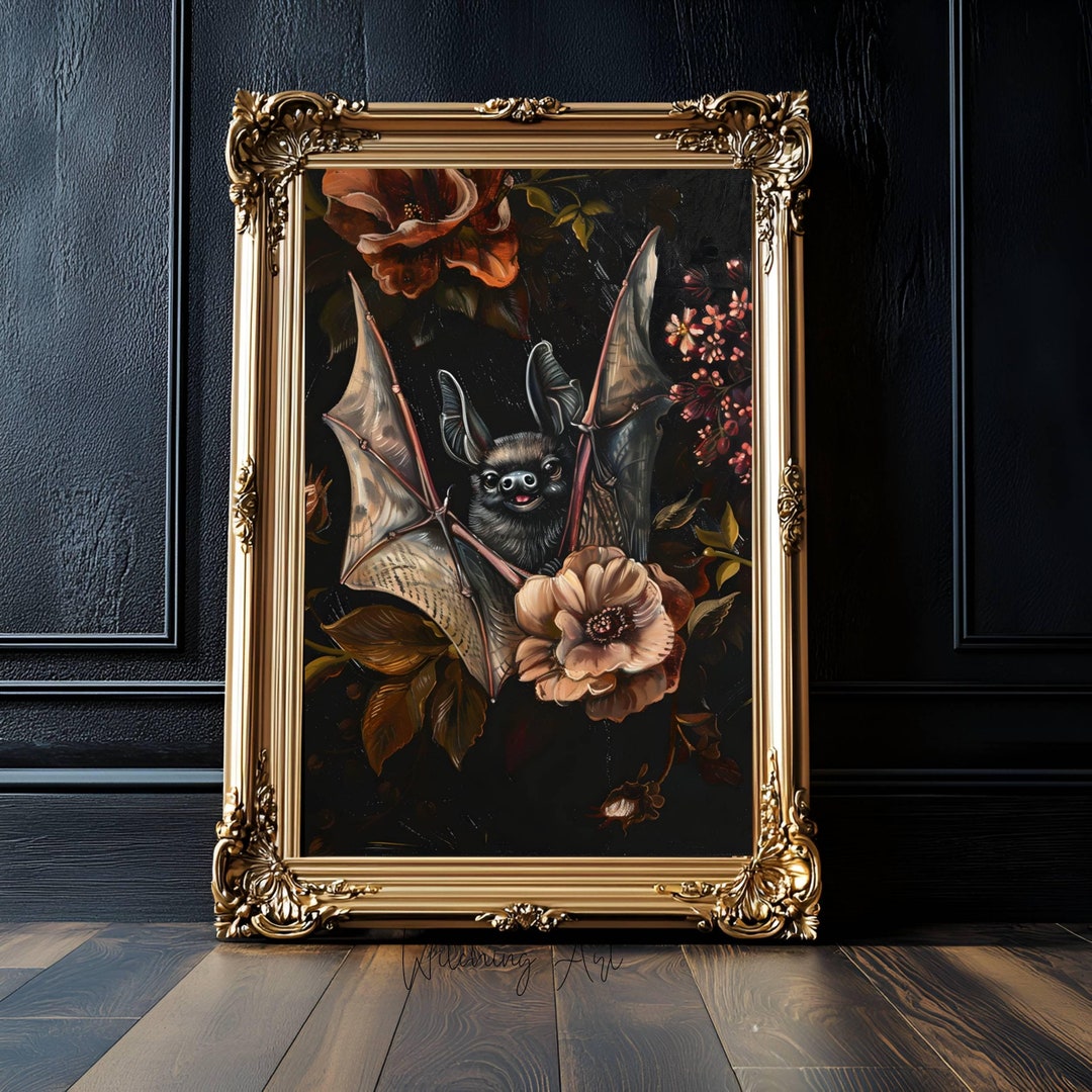 Floral Bat Painting, Bat Decor, Moody Floral Art, Moody Wall Art, Dark ...