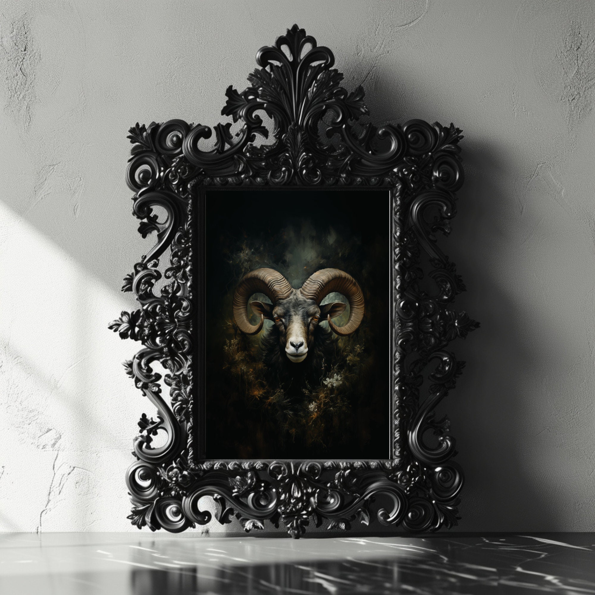 Ram Floral Dark Academia Print, Woodland Ram Botanical Giclée ...