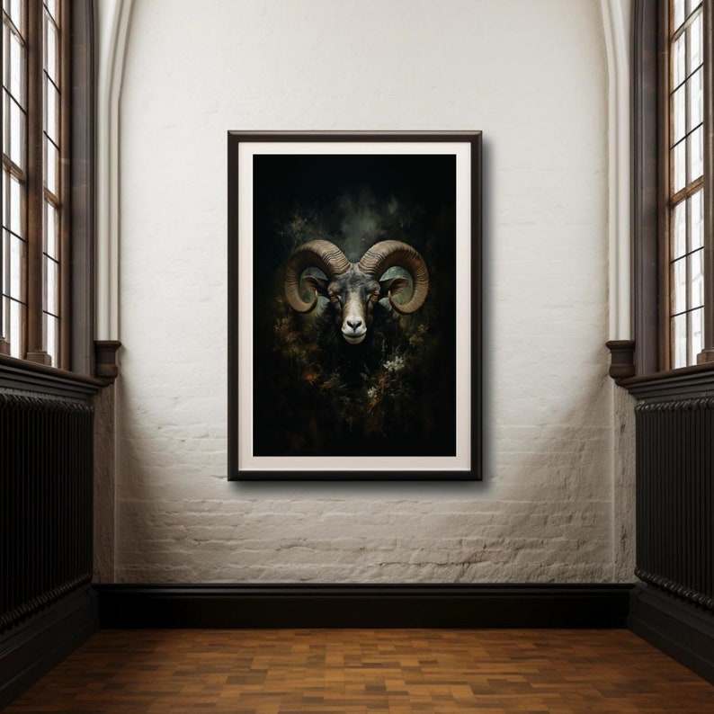 Ram Floral Dark Academia Print, Woodland Ram Botanical Giclée ...