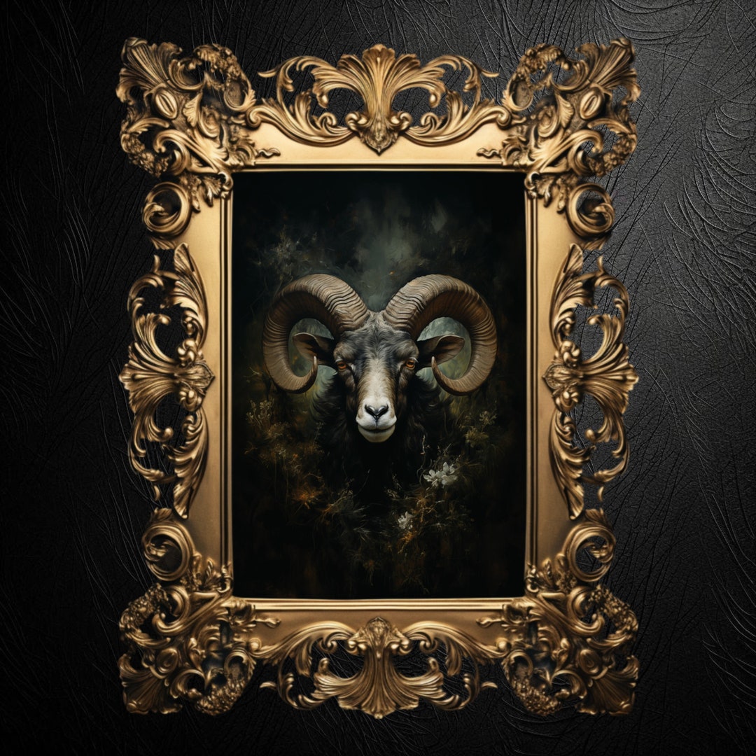 Ram Floral Dark Academia Print, Woodland Ram Botanical Giclée ...
