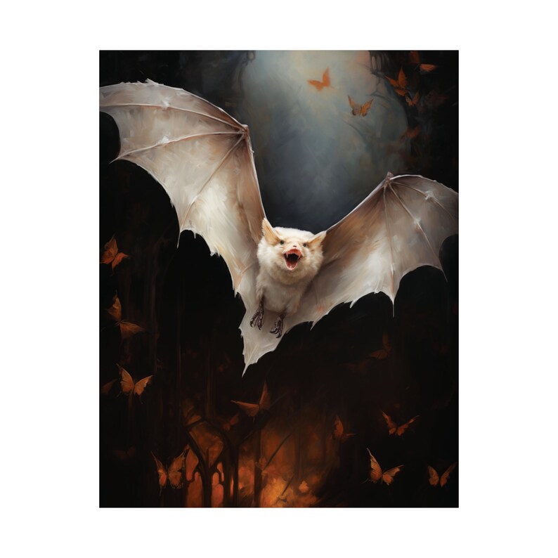 White Bat at Night With Fire and Butterflies, Bat Giclée Print, Bat ...