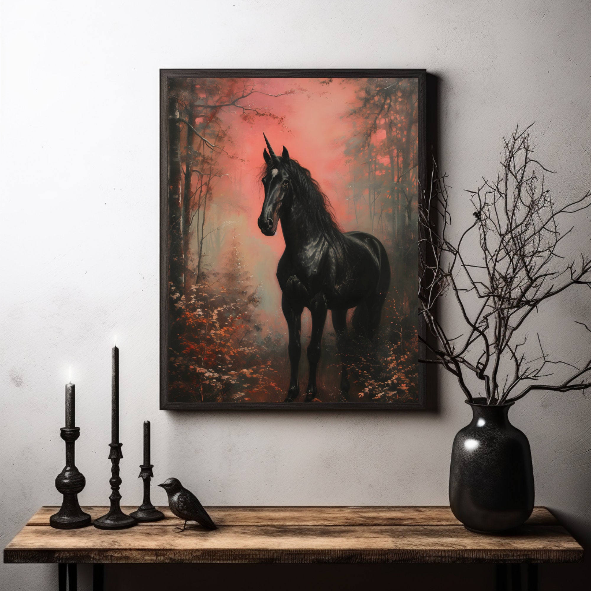 Black Unicorn in a Moody Pastel Forest, Dark Academia, Dark Cottagecore ...