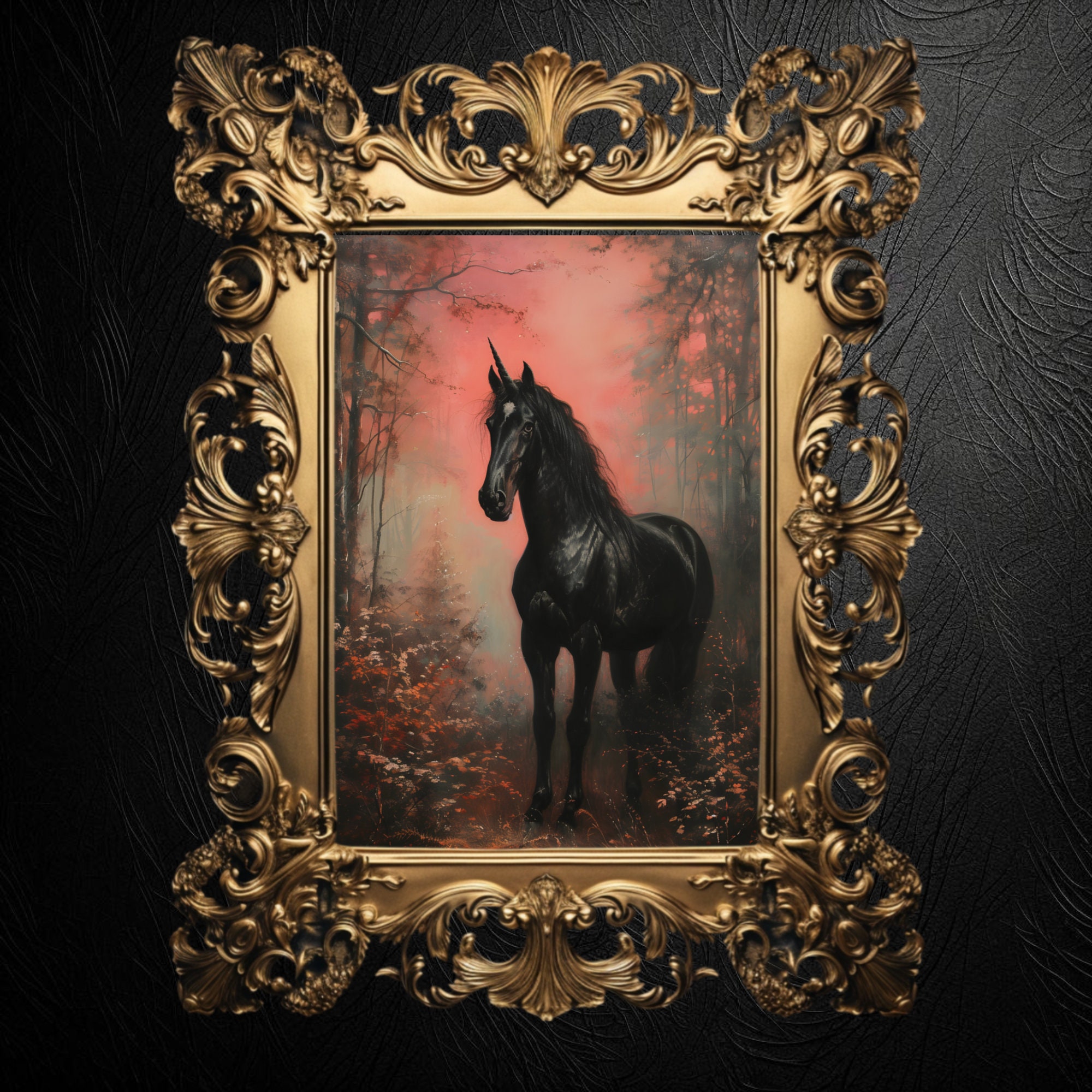 Black Unicorn in a Moody Pastel Forest, Dark Academia, Dark Cottagecore ...