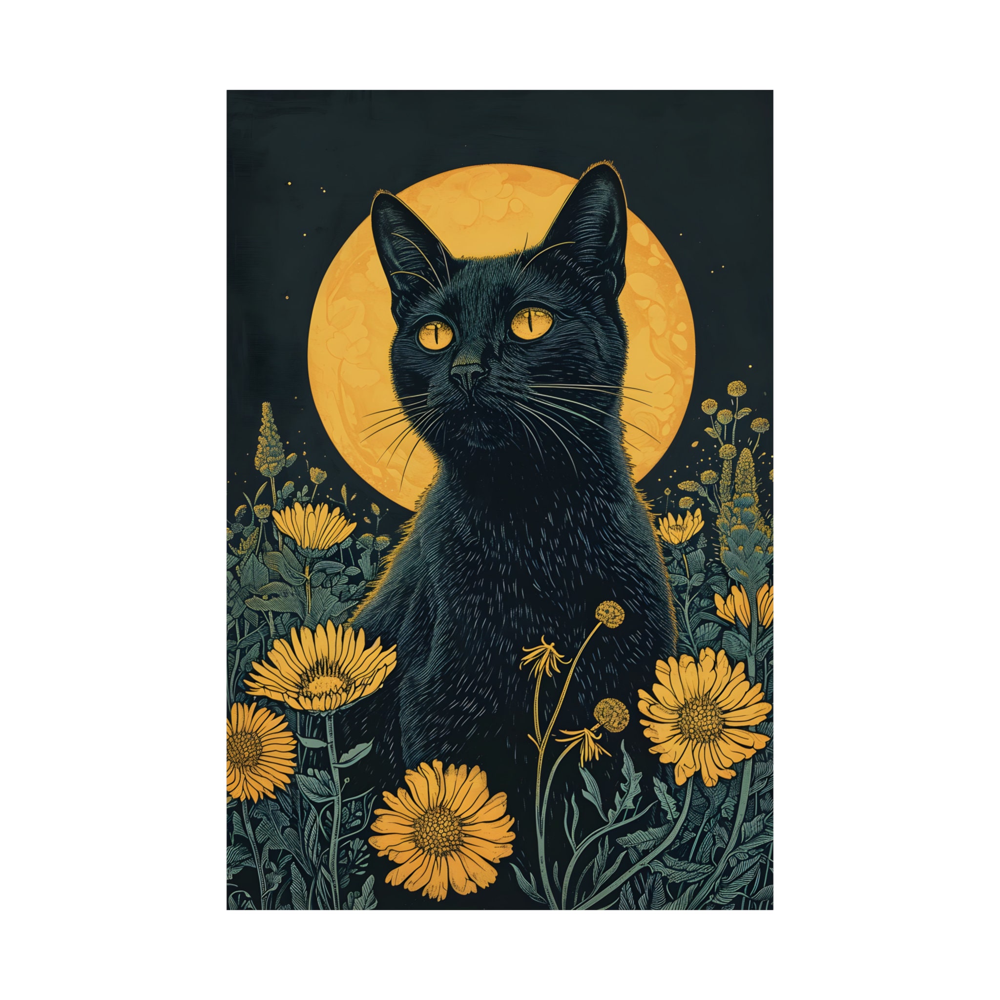 Black Cat Full Moon and Flowers, Black Cat Painting, Black Cat Poster ...