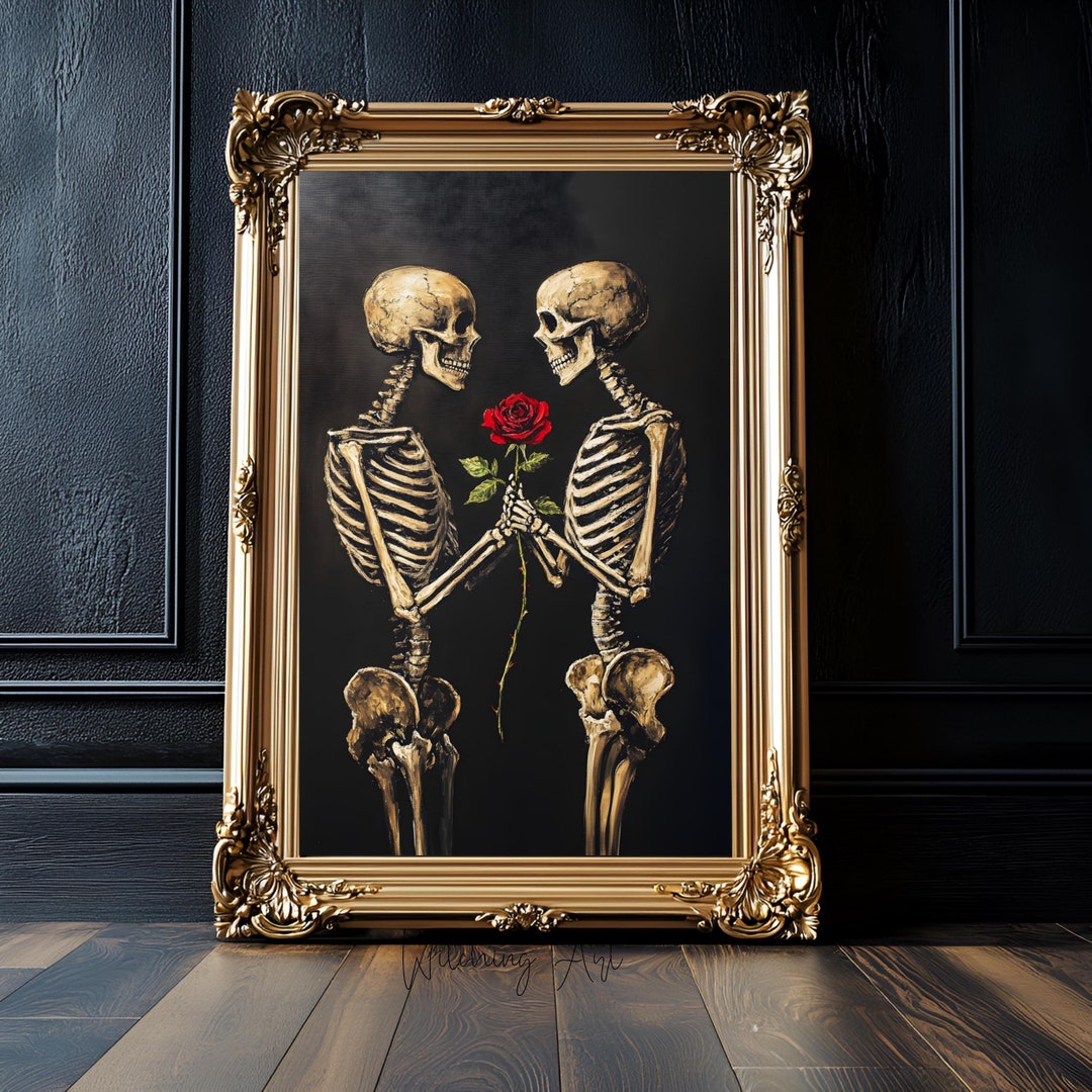Skeleton Lovers Holding Red Rose, Skeleton Art Print, Skeleton Love ...