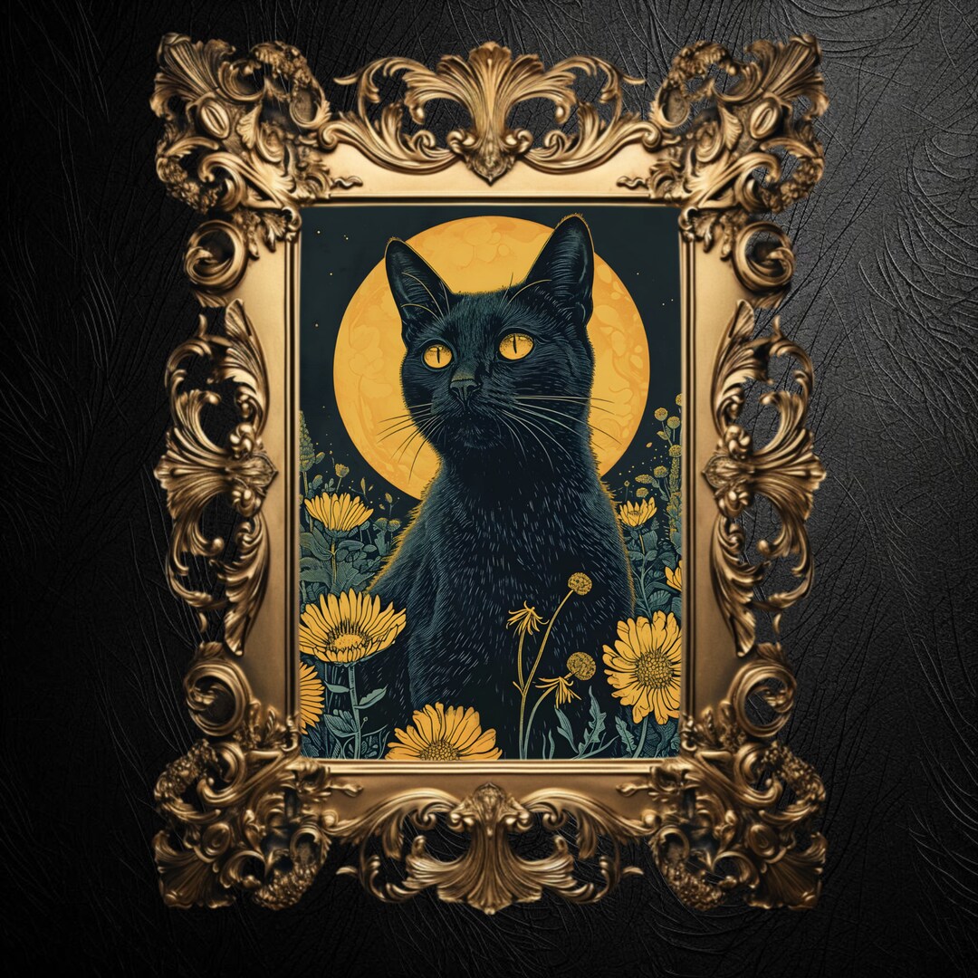 Black Cat Full Moon and Flowers, Black Cat Painting, Black Cat Poster ...