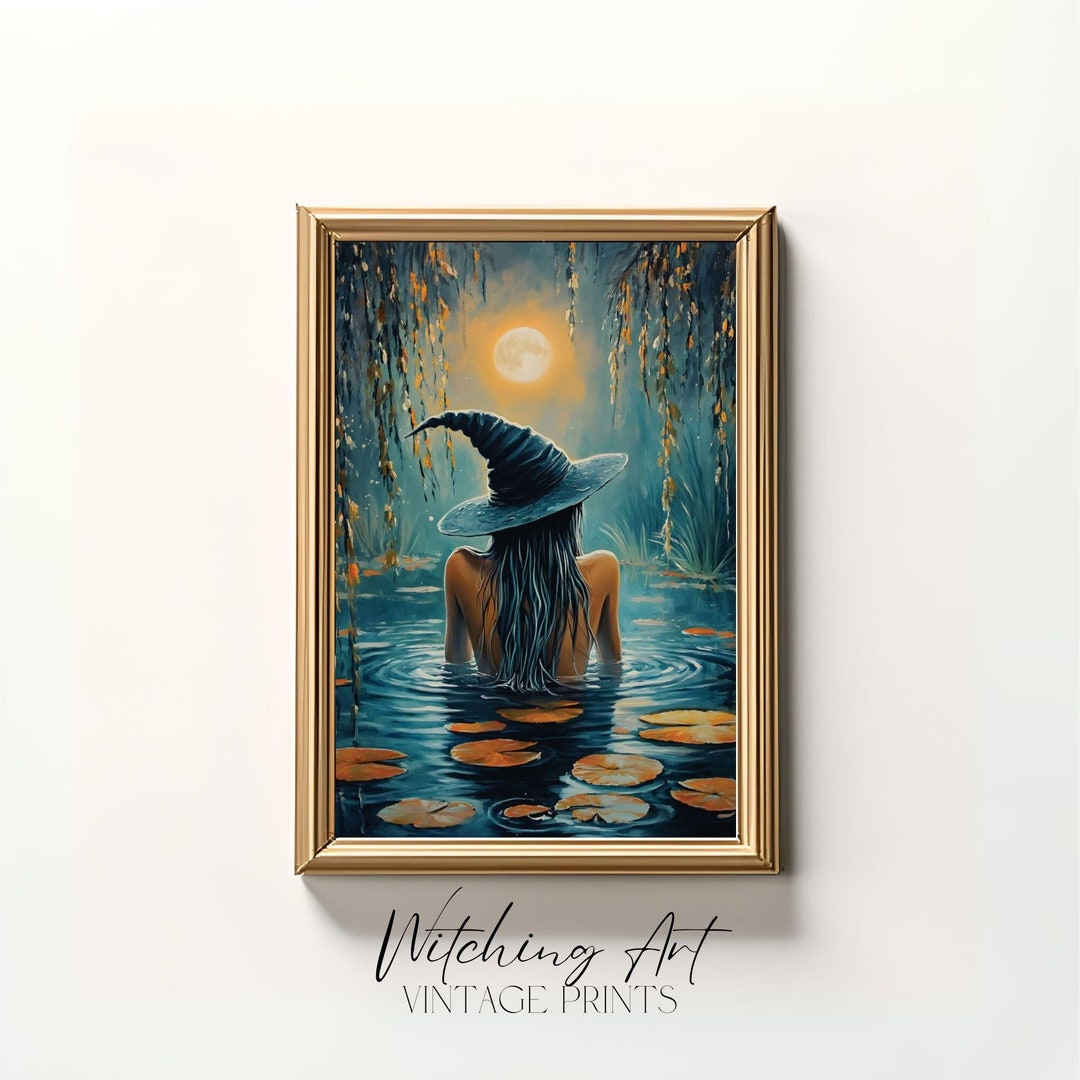 Witch Swimming in Lake, Witch in Lake, Witchy Lake Painting, Witch ...