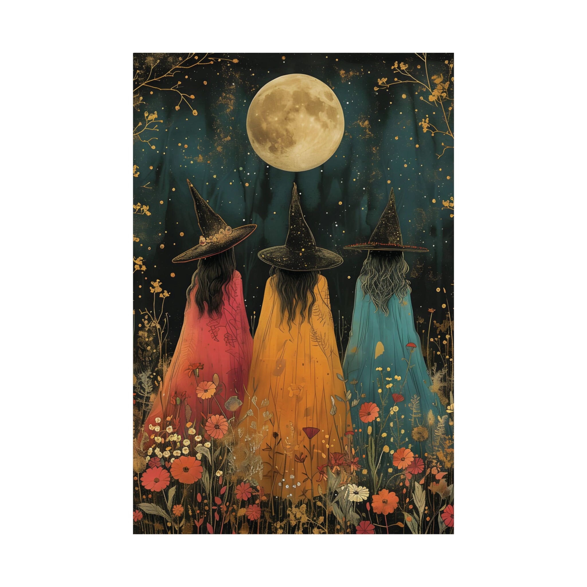 Three Witches Full Moon and Wildflowers, Witch Painting, Block Art ...