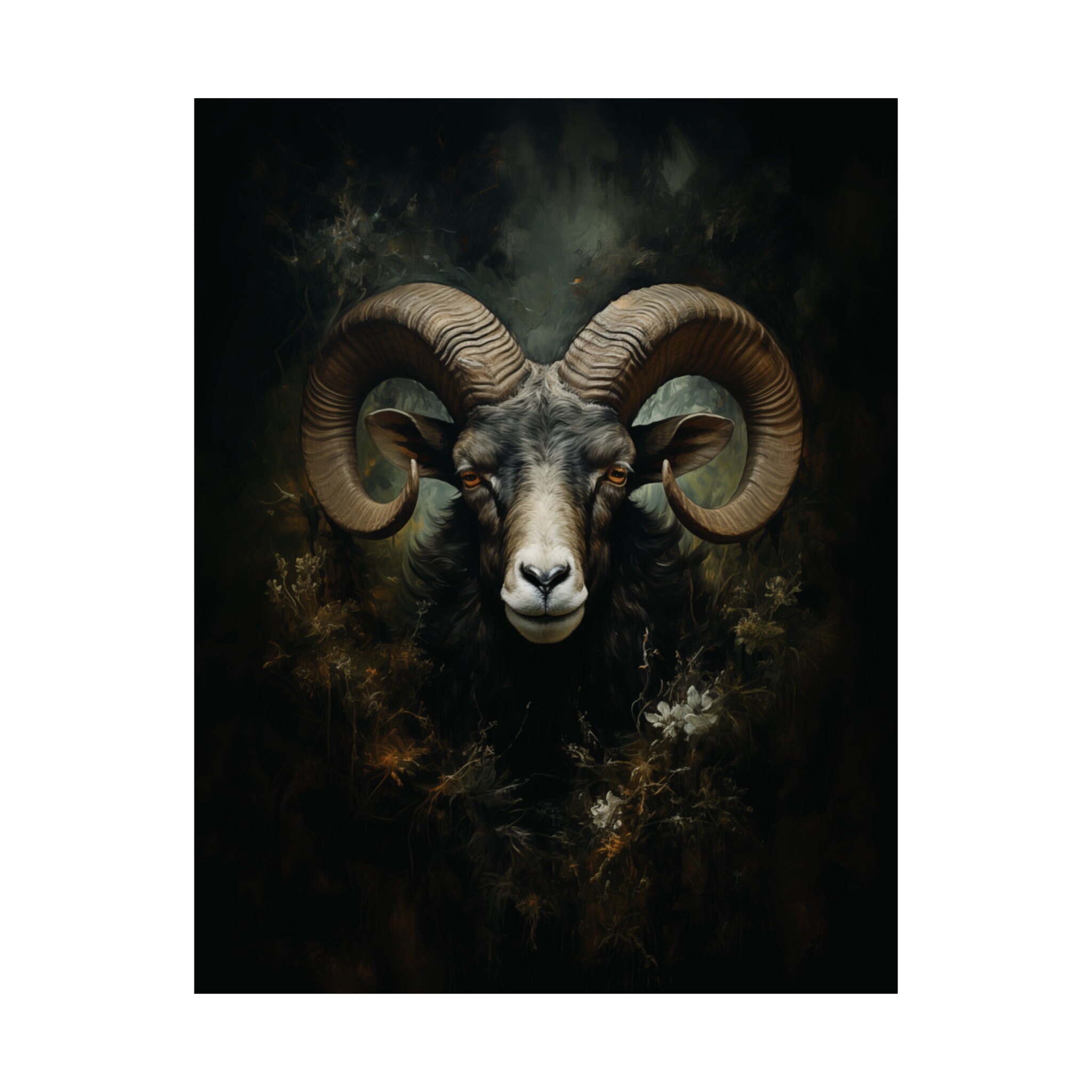 Ram Floral Dark Academia Print, Woodland Ram Botanical Giclée ...