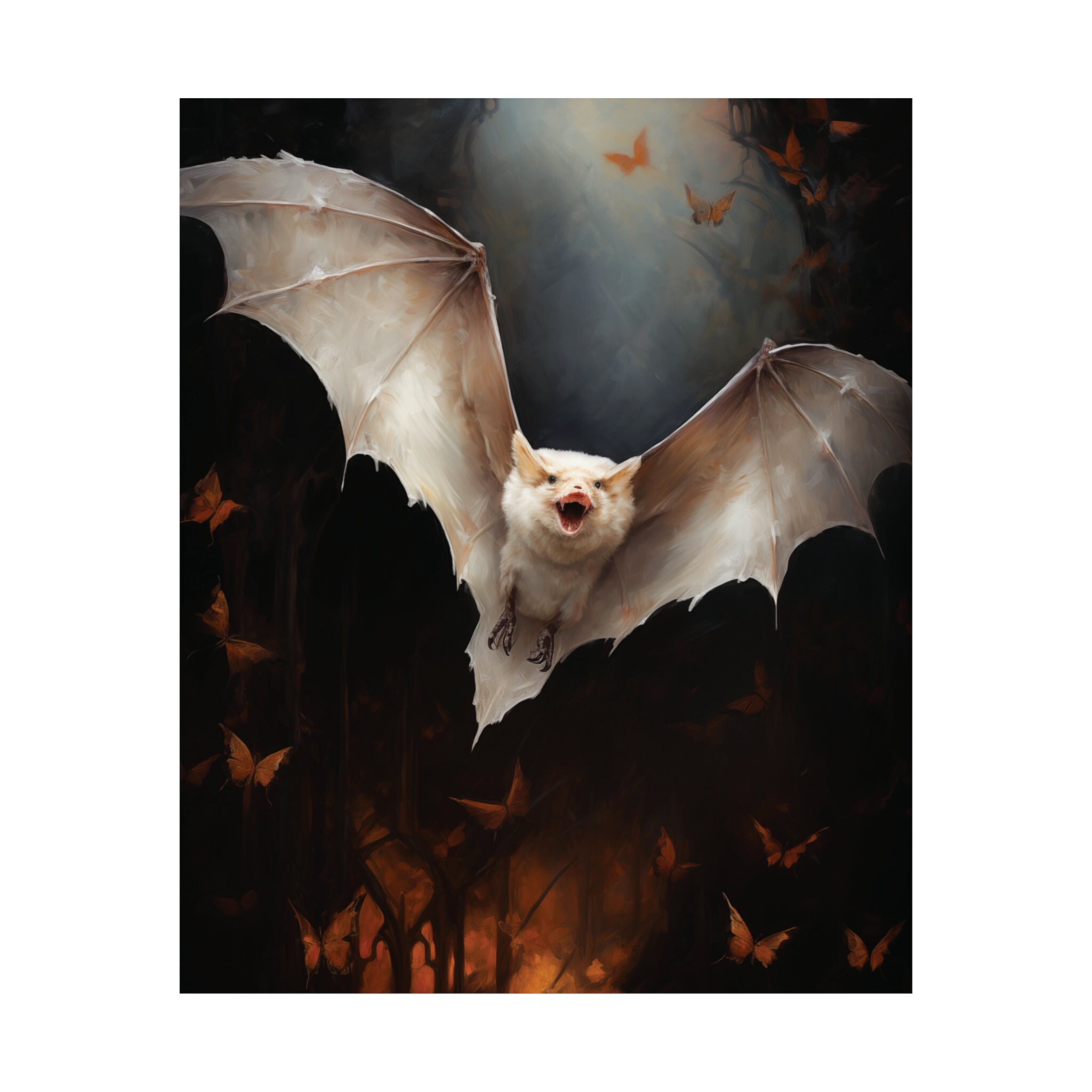 White Bat at Night With Fire and Butterflies, Bat Giclée Print, Bat ...