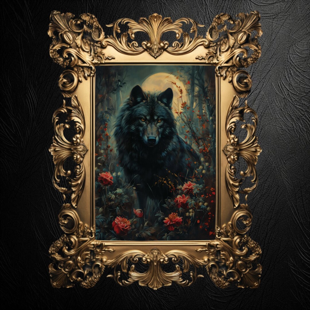 Floral Wolf Full Moon Painting: Forestcore Goth Poster - Etsy