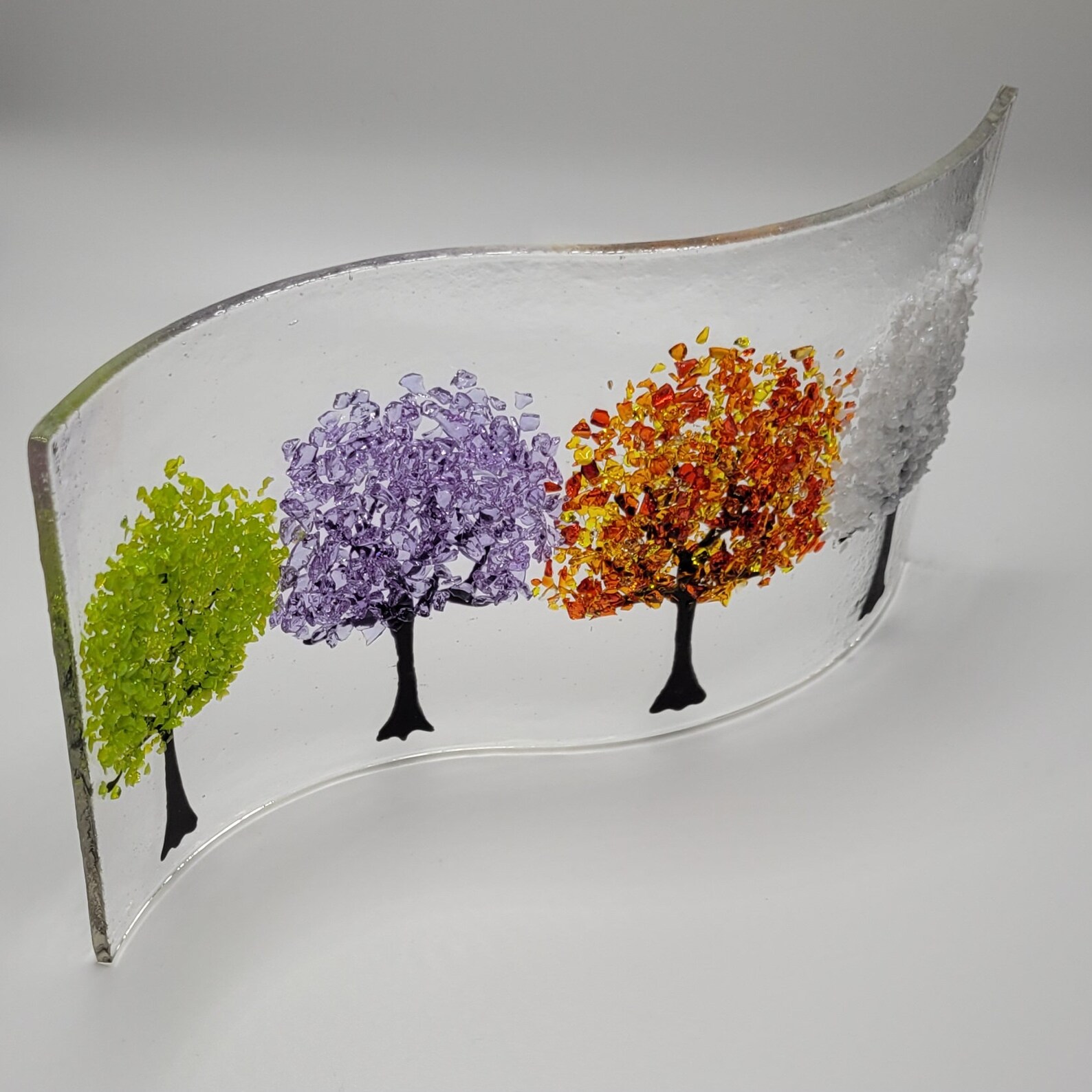 Handmade Fused Glass, Four Seasons Tree Wave Shaped Panel / Suncatcher ...