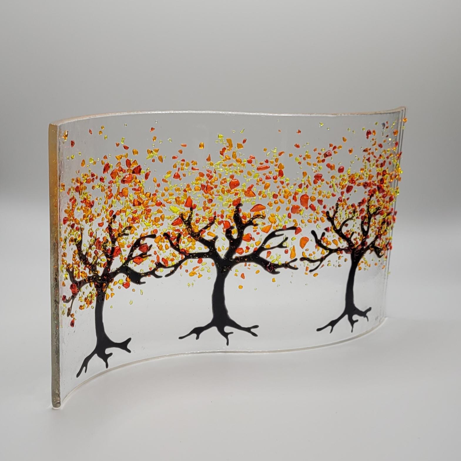 Handmade Fused Glass Tree in Blossom / Autumn Leaves Wave Shaped Panel ...