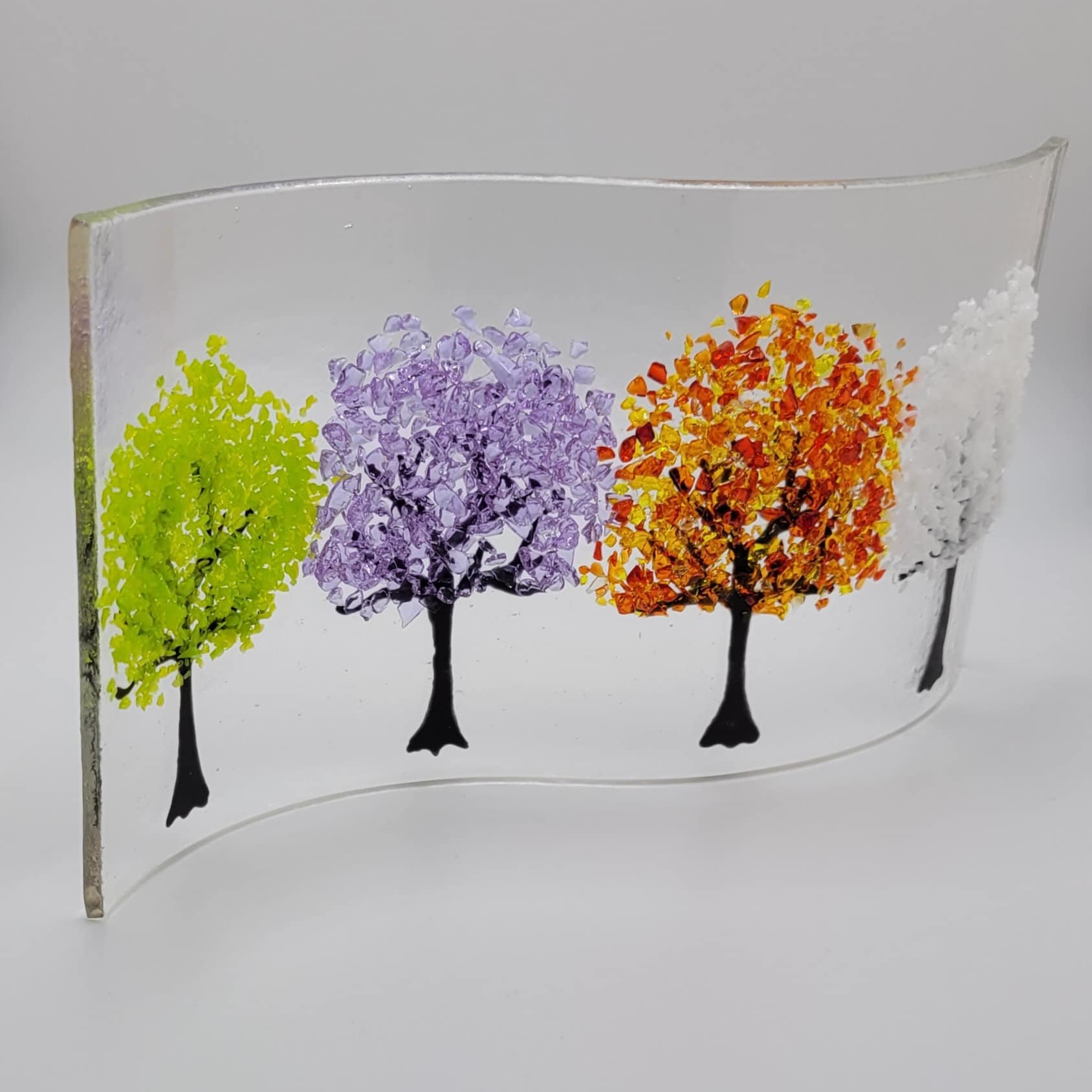 Handmade Fused Glass, Four Seasons Tree Wave Shaped Panel / Suncatcher ...