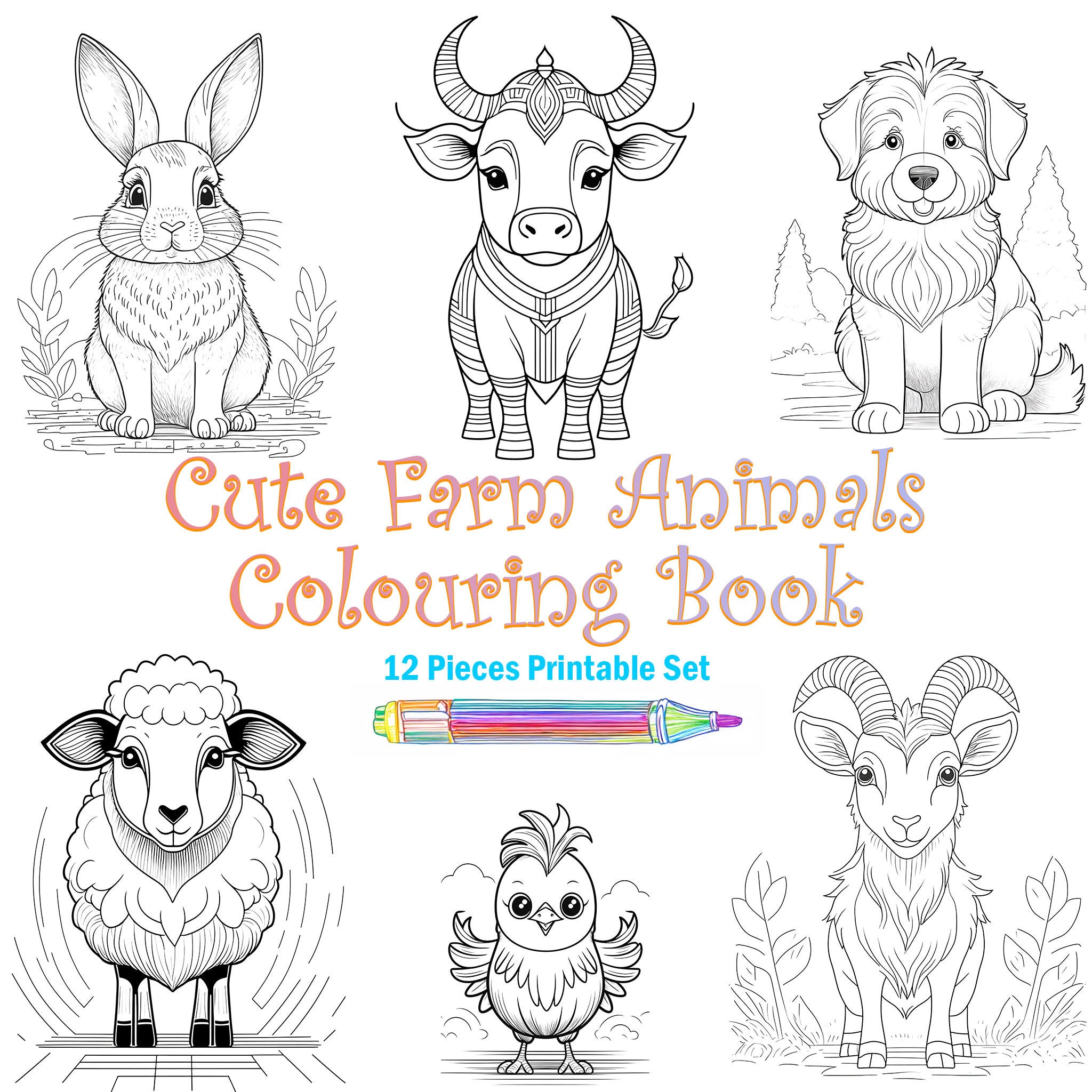 Farm Animals Colouring Book, Set of 12, Creative Activity, Pets ...