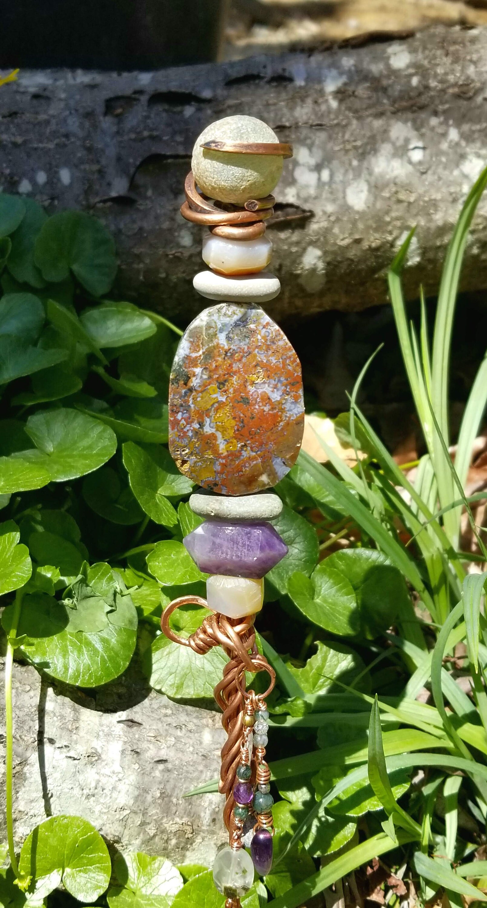Gemstone Healing Garden Stake, Raw Prehnite, Ocean Jasper, Agate ...
