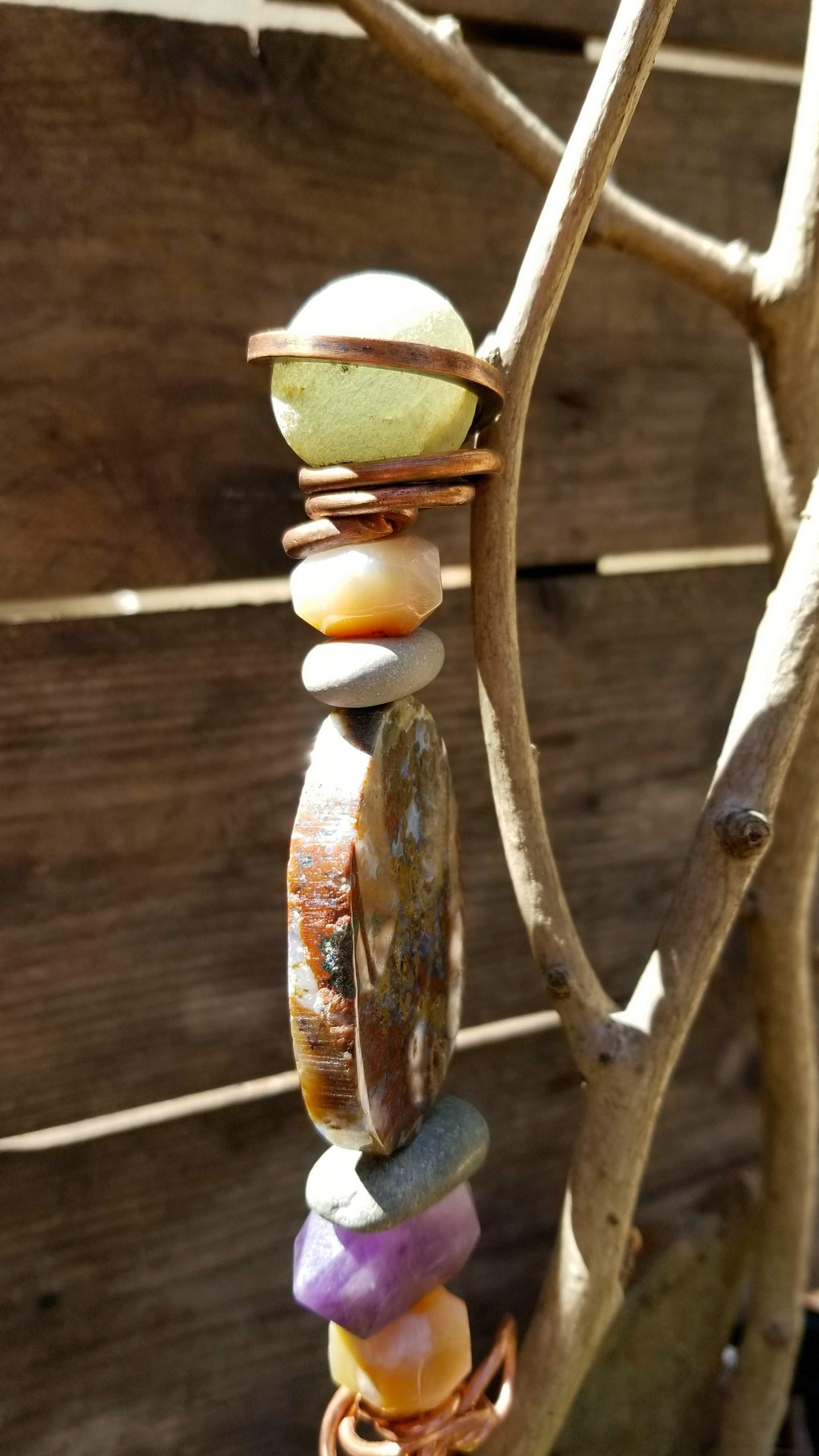 Gemstone Healing Garden Stake, Raw Prehnite, Ocean Jasper, Agate ...