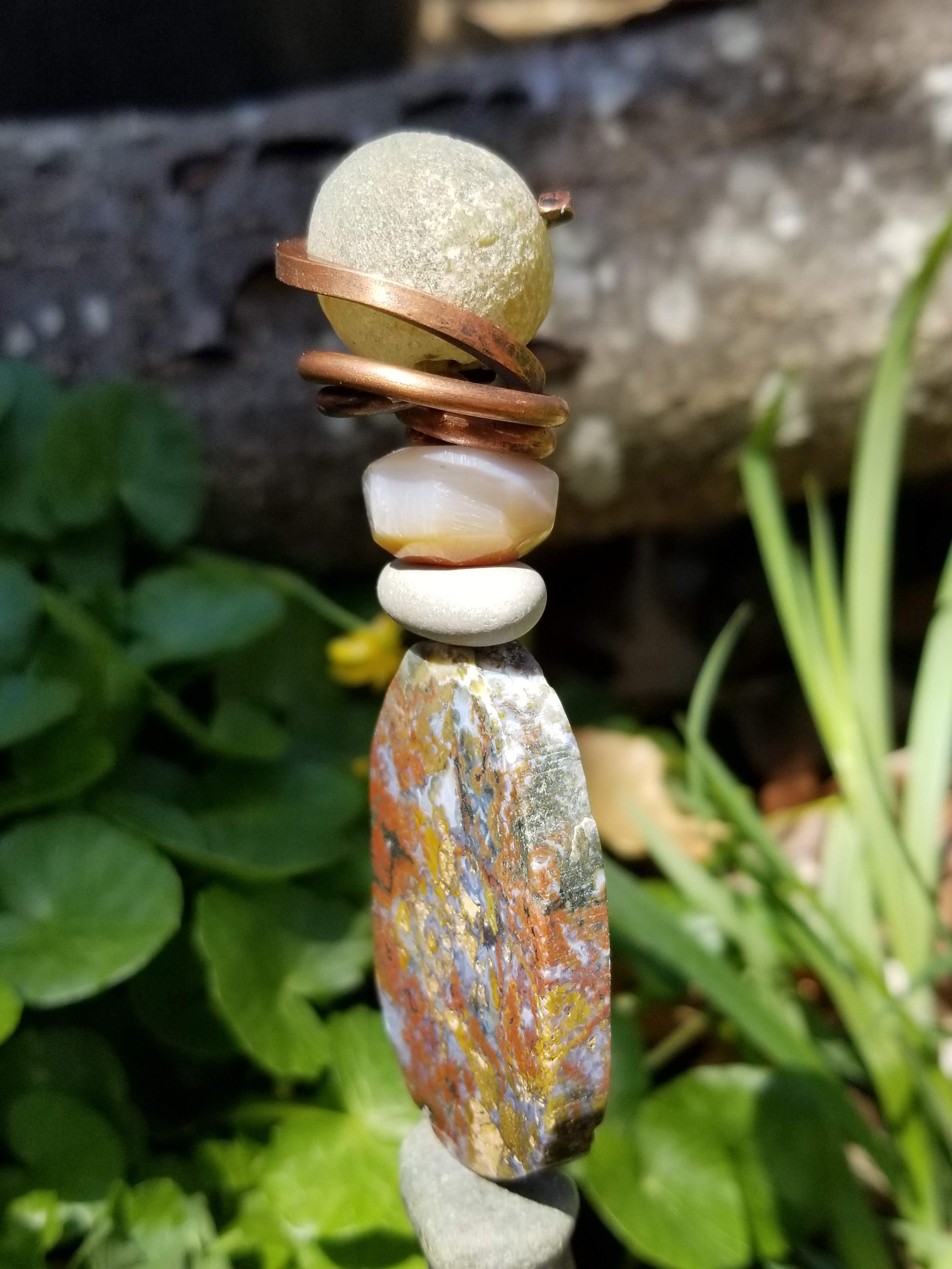 Gemstone Healing Garden Stake, Raw Prehnite, Ocean Jasper, Agate ...