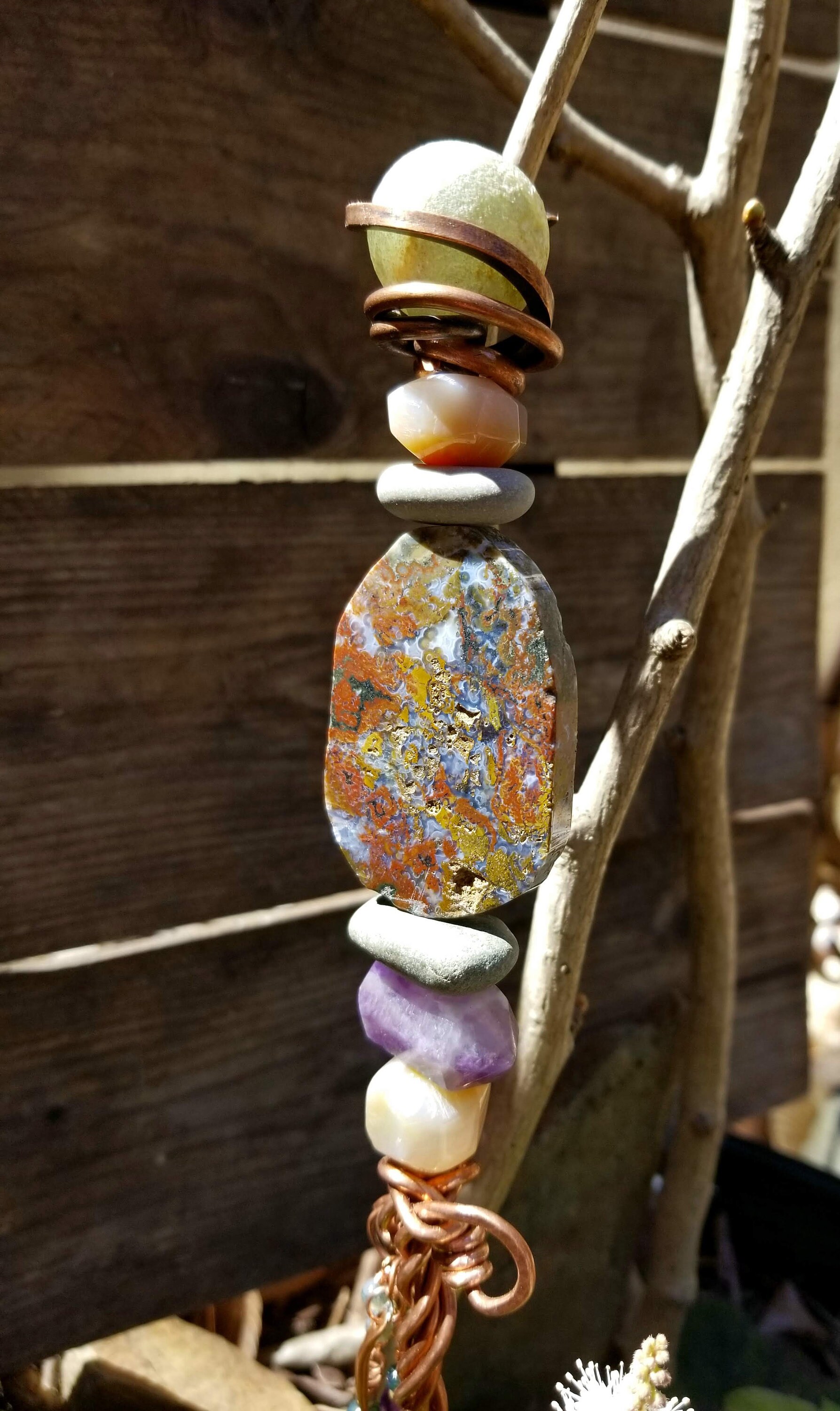 Gemstone Healing Garden Stake, Raw Prehnite, Ocean Jasper, Agate ...