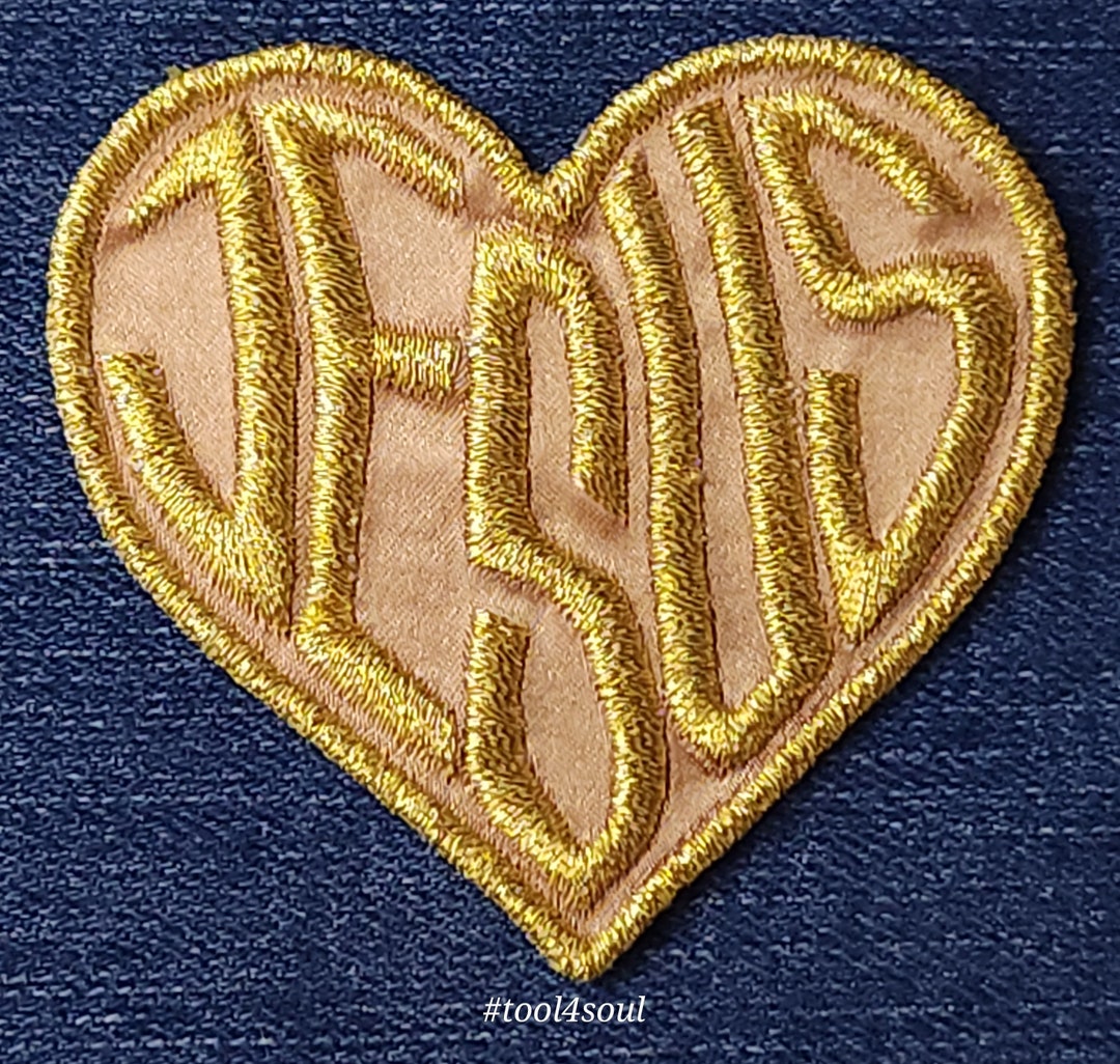 Love Jesus Heart Patch: Satin & Metallic Gold Embroidered Applique - Etsy