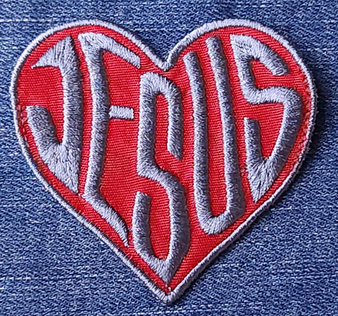 Love Jesus Patch - Red Satin Applique & Charcoal Embroidery - Iron-on ...