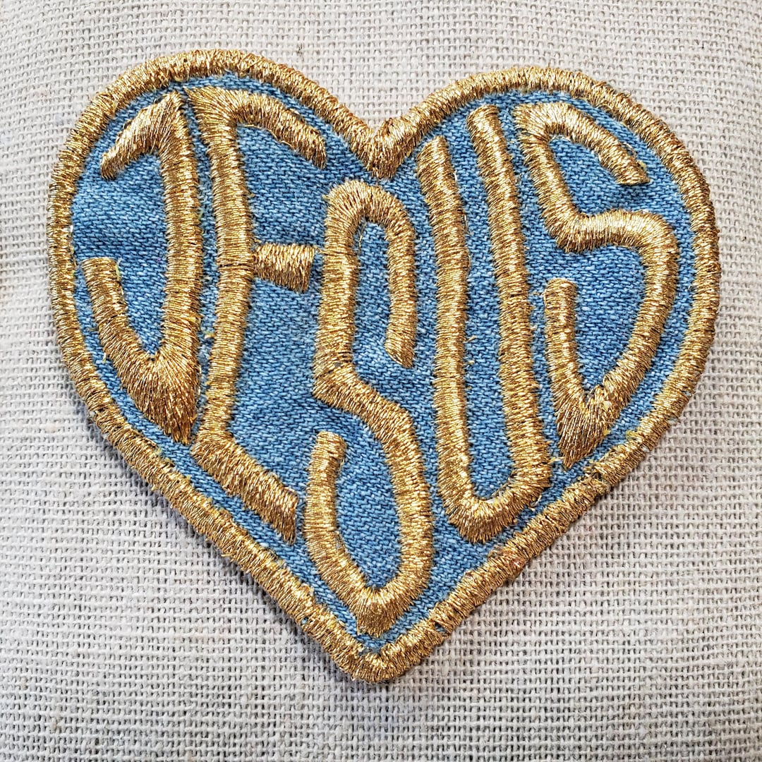 Jesus Patch: Light Denim & Metallic Gold Embroidered Heart - Etsy