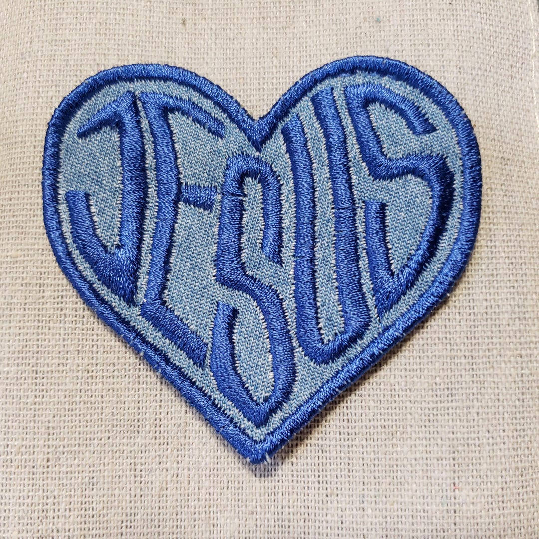 Love Jesus Patch - Light Denim & Blue - Embroidered Iron on Sew on ...