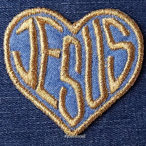 Jesus Patch: Light Denim & Metallic Gold Embroidered Heart - Etsy